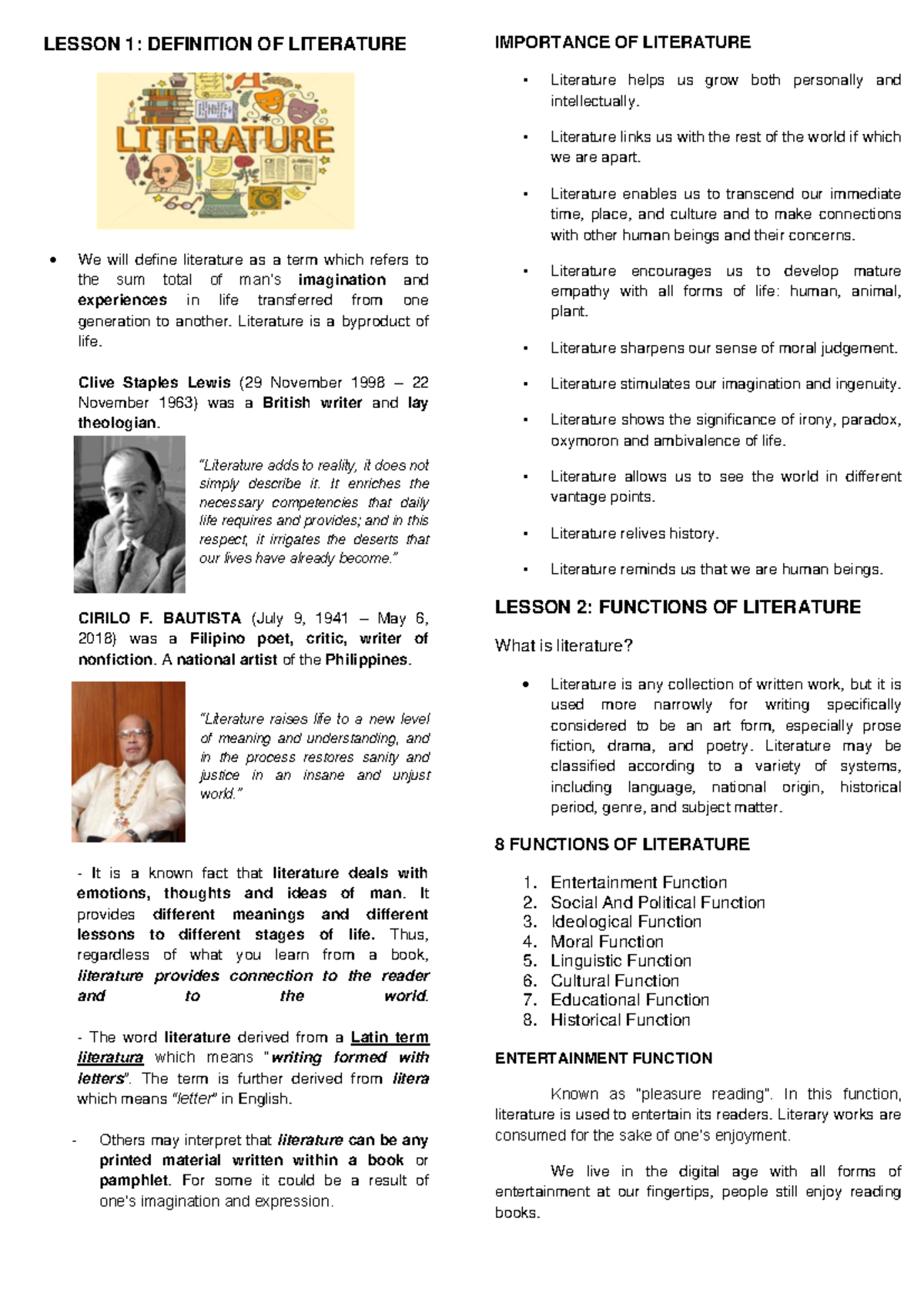 Global Literature Lesson 1-10 Overview Notes - Studocu