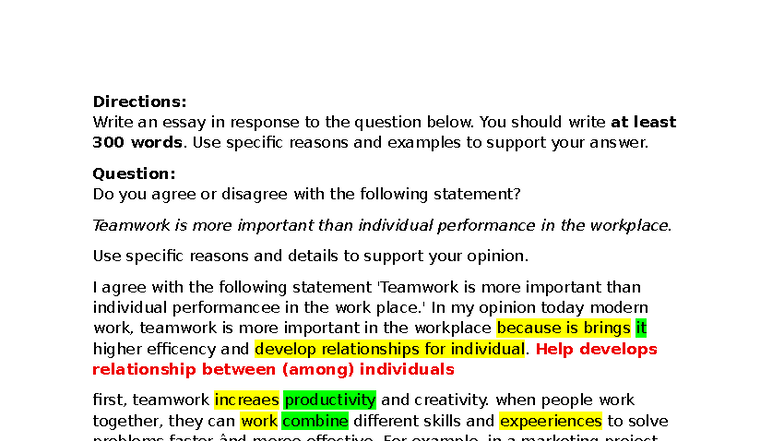 ENG101 Essay: The Importance of Teamwork Over Individual Performance ...
