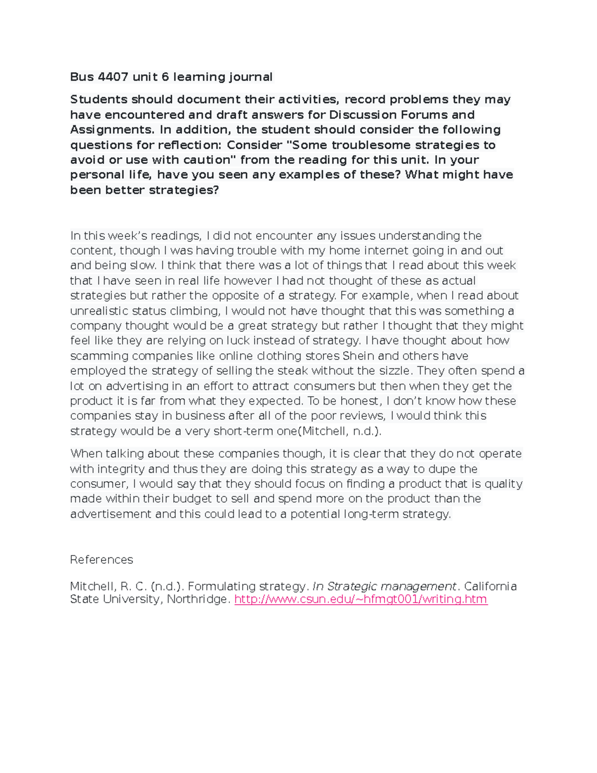 BUS 4407 Unit 6 Learning Journal: Reflecting on Strategies and Issues ...