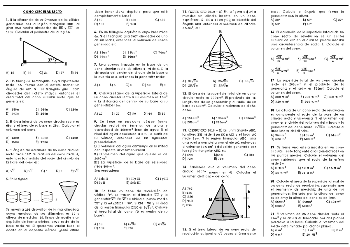 CONO Circular Recto - Ejercicios - CONO CIRCULAR RECTO Si la diferencia de volúmenes de los ...