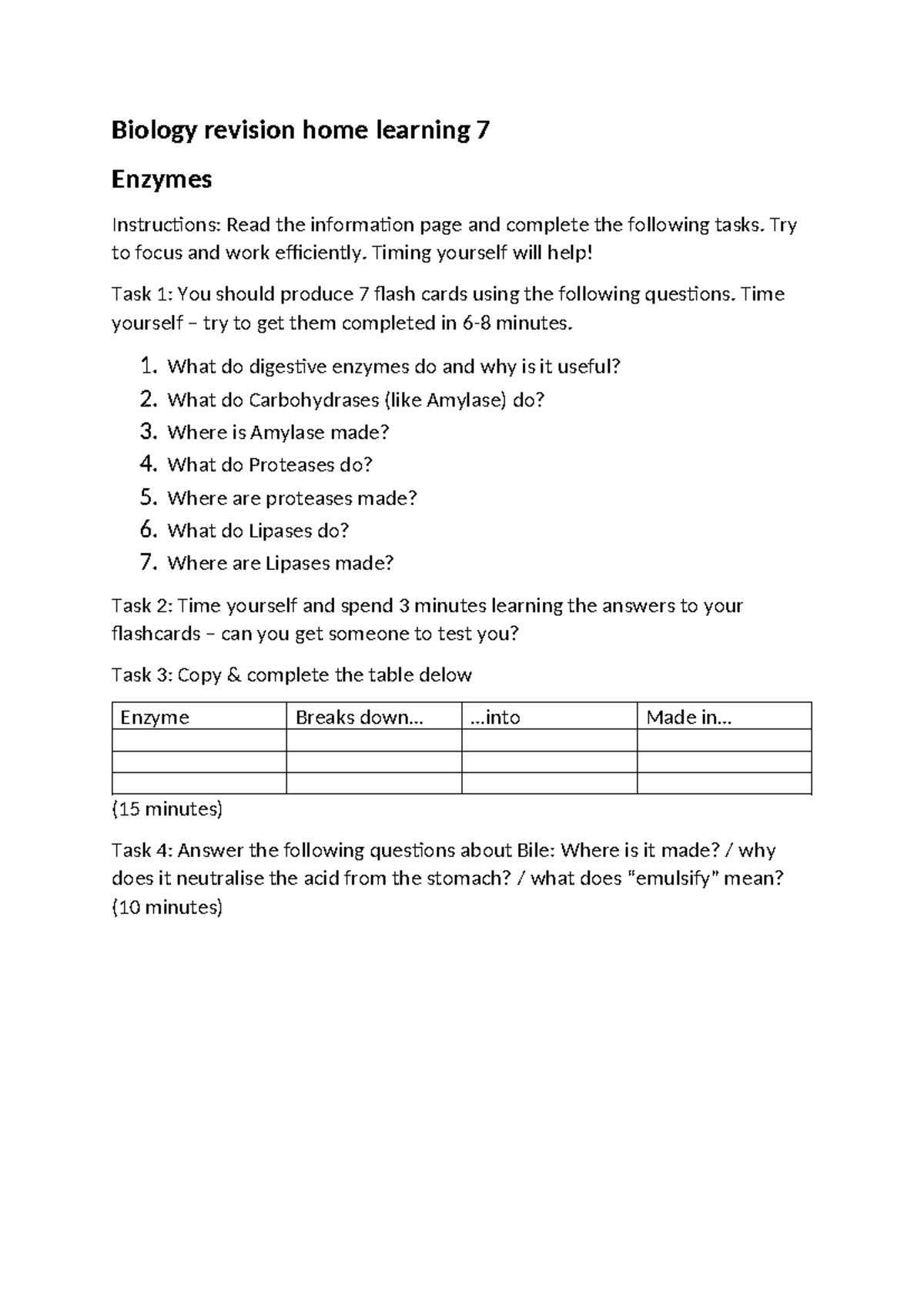 Biology Home Learning: Enzymes Revision Tasks (7) - Studocu