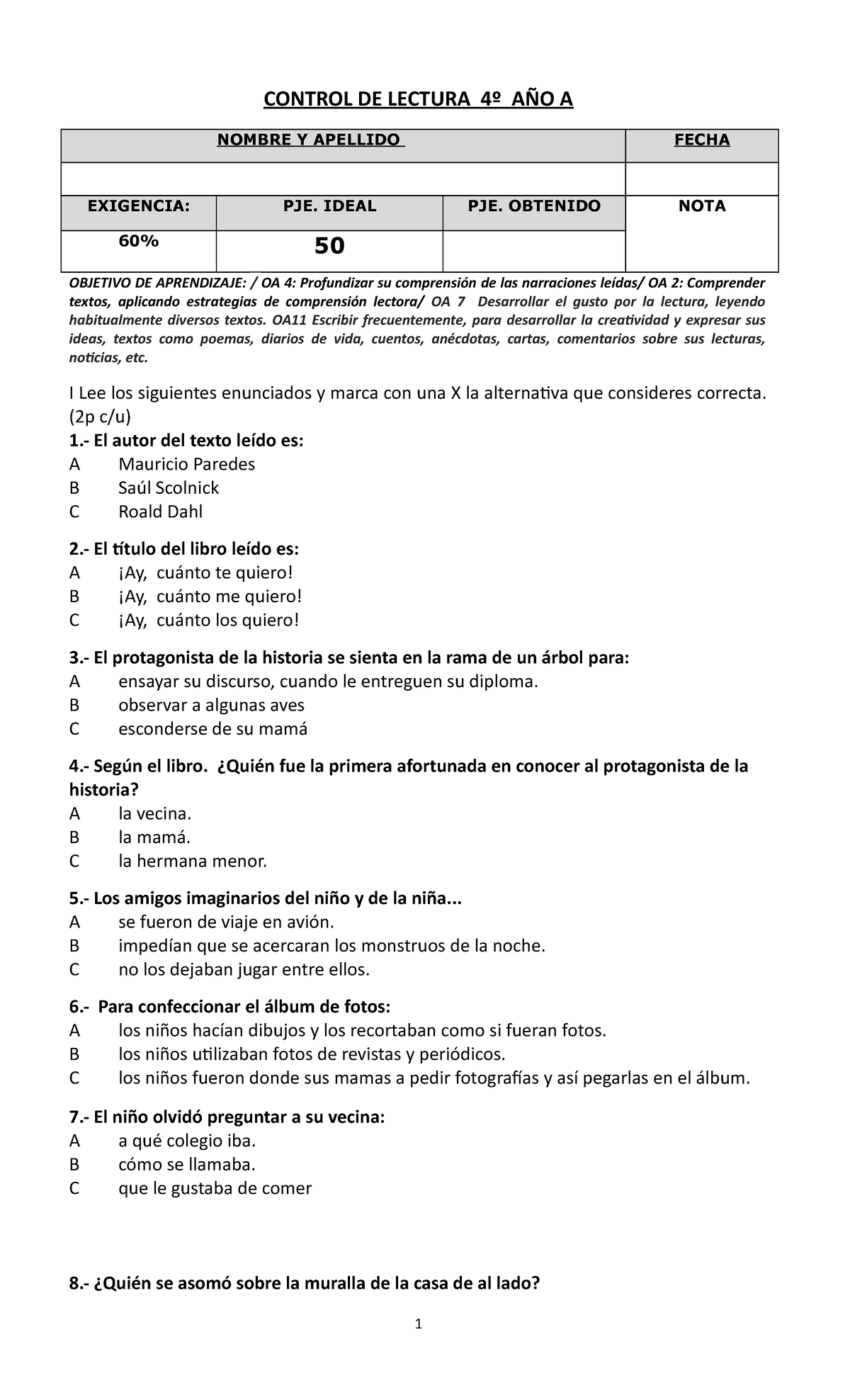 Control de Lectura Ay cuànto me quiero 4to A - CONTROL DE LECTURA 4º ...