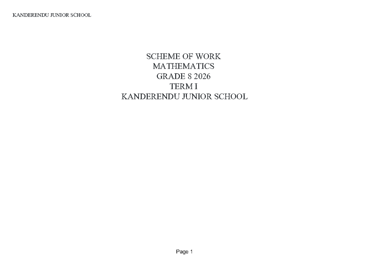 Mathematics Grade 8 Term I Scheme of Work 2026 - Studocu