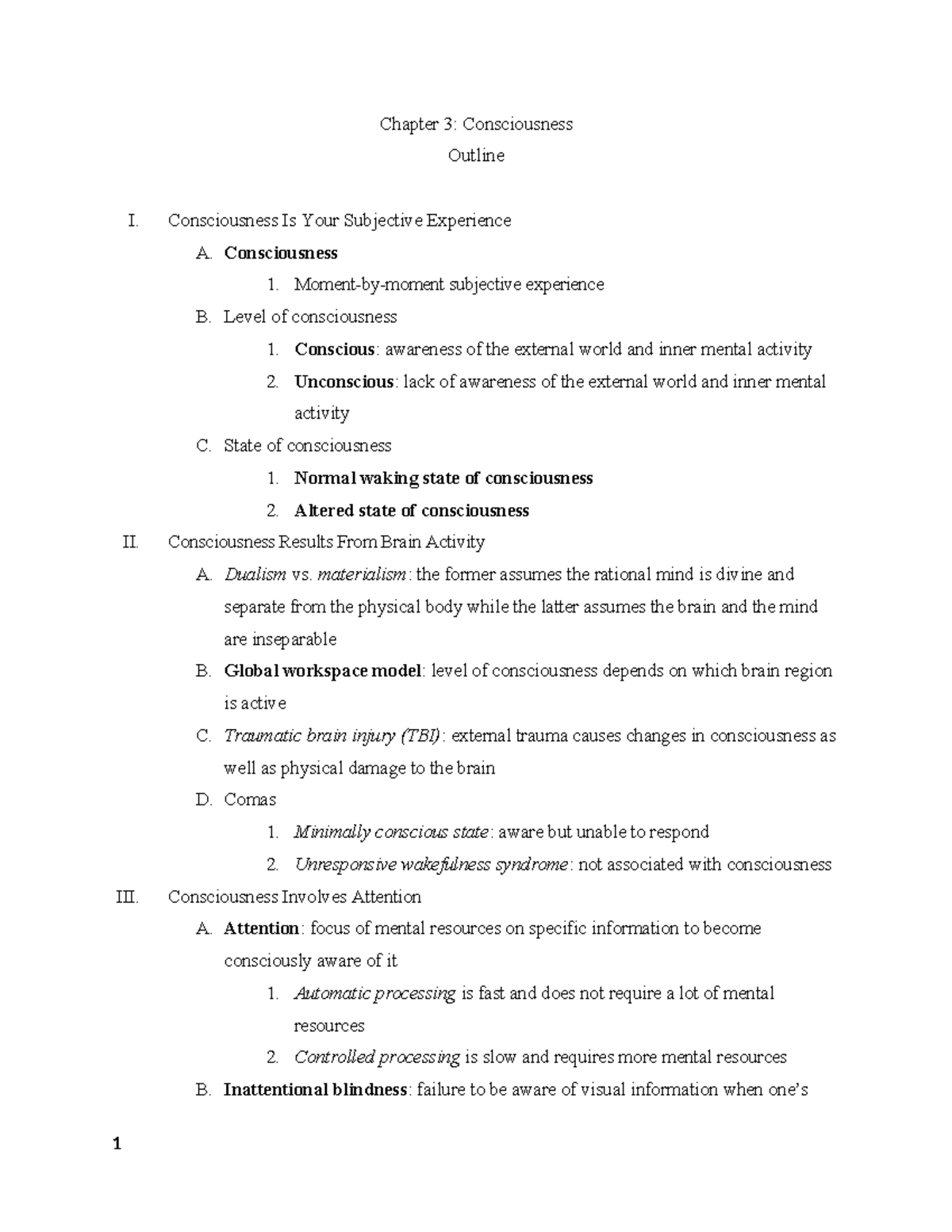 Chapter 3: Consciousness Outline - PSY 101 - Studocu