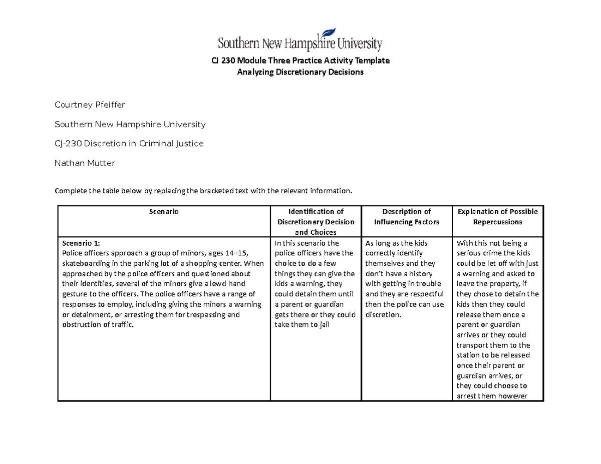 CJ 230 Module 3 Practice Activity: Analyzing Discretionary Decisions ...