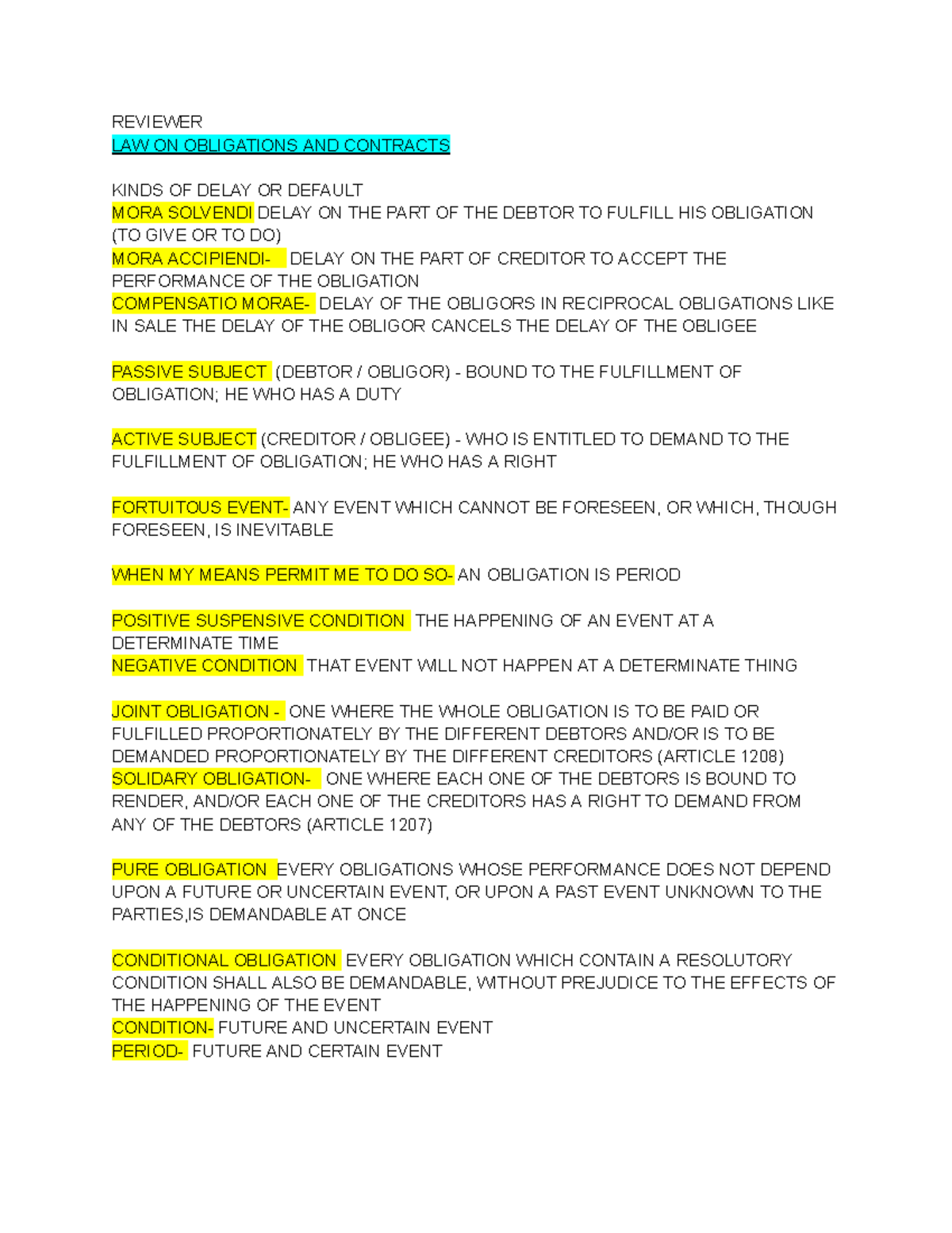 Oblicon - REVIEWER LAW ON OBLIGATIONS AND CONTRACTS KINDS OF DELAY OR ...