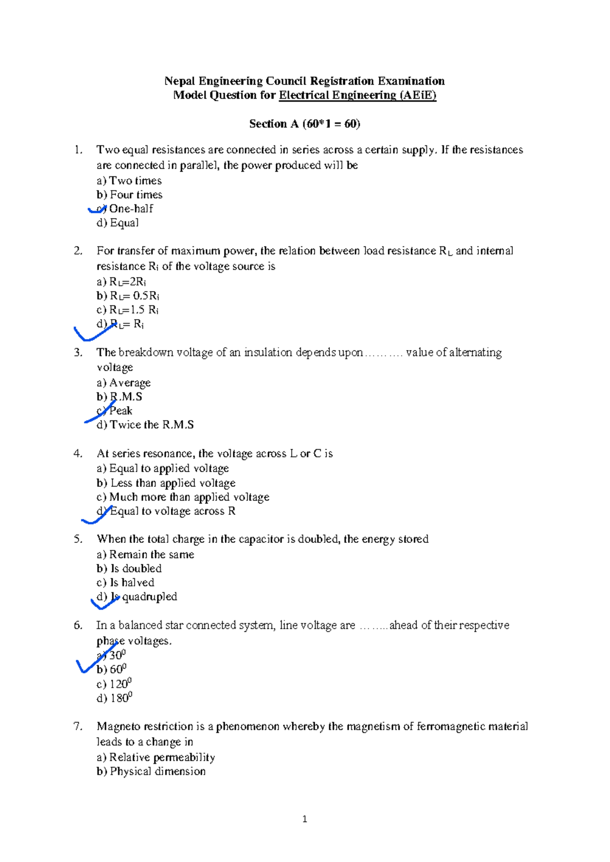 Model Questions for Electrical Engineering Exam (AEiE) - Studocu