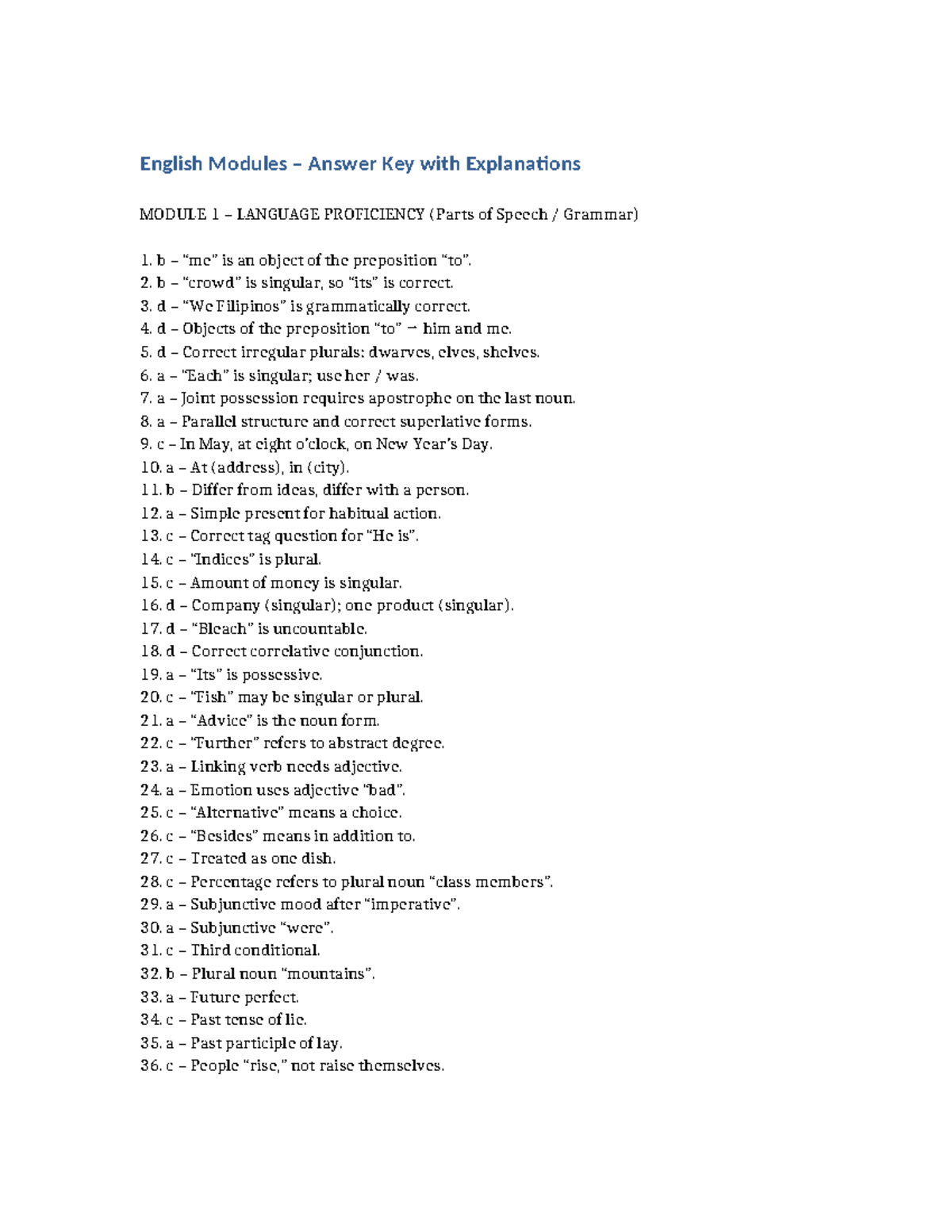 English Modules Answer Key: Language Proficiency (Module 1) - Studocu