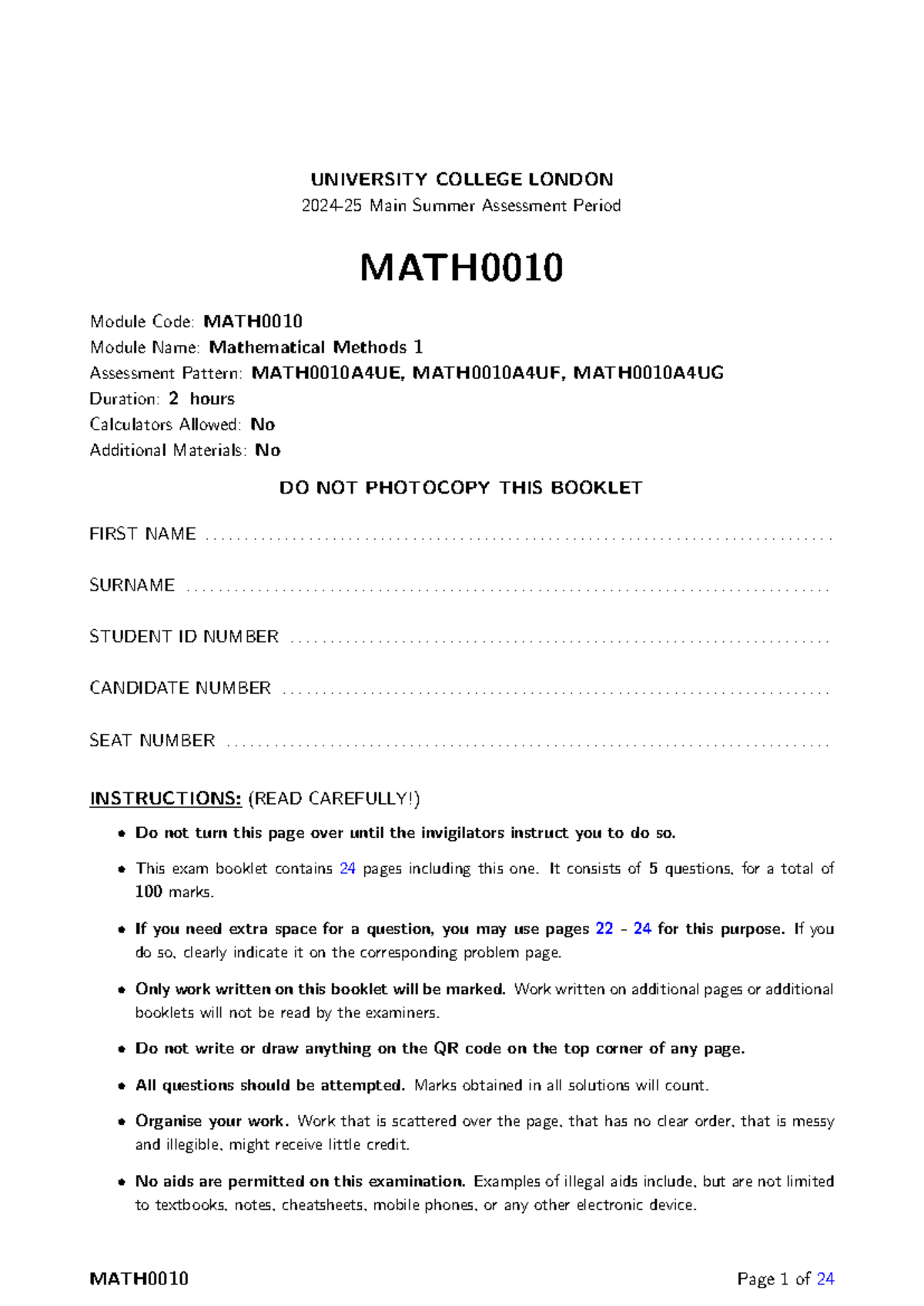 MATH0010 Model Exam 2025: Mathematical Methods 1 Assessment - Studocu