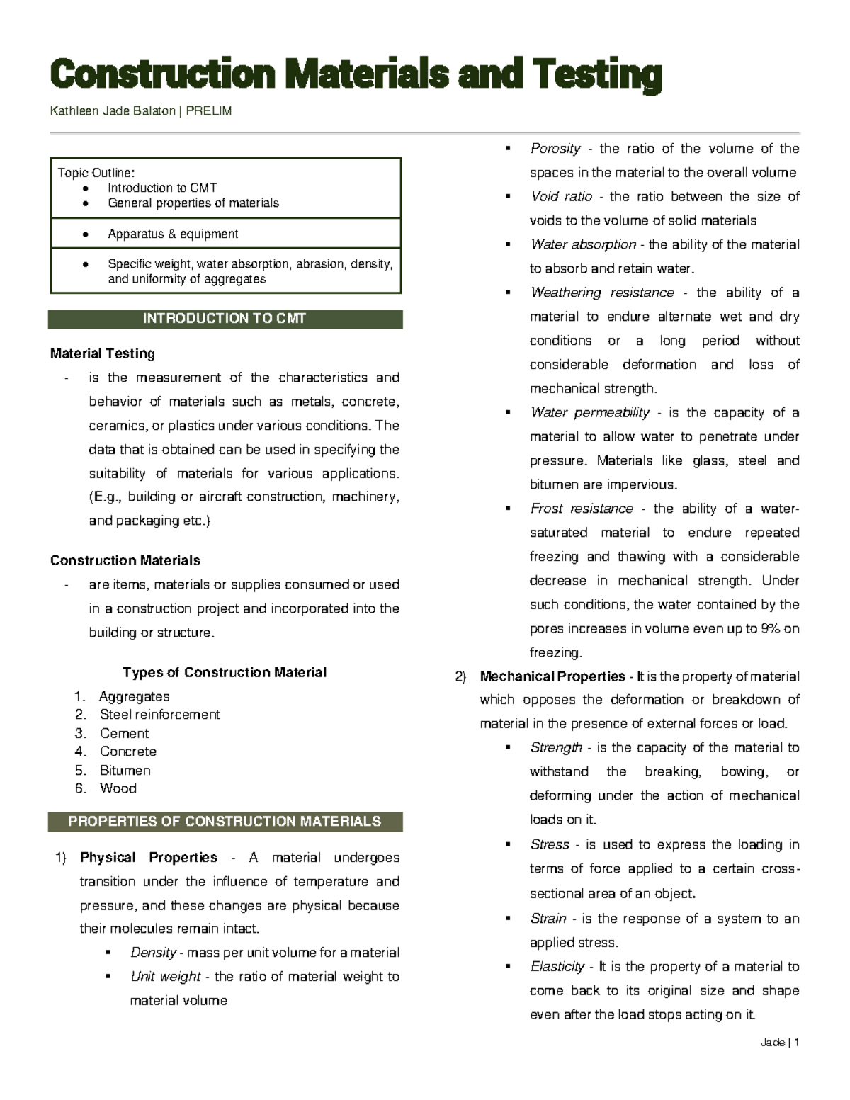 PRELIM Notes on Construction Materials & Testing (CMT) - Studocu