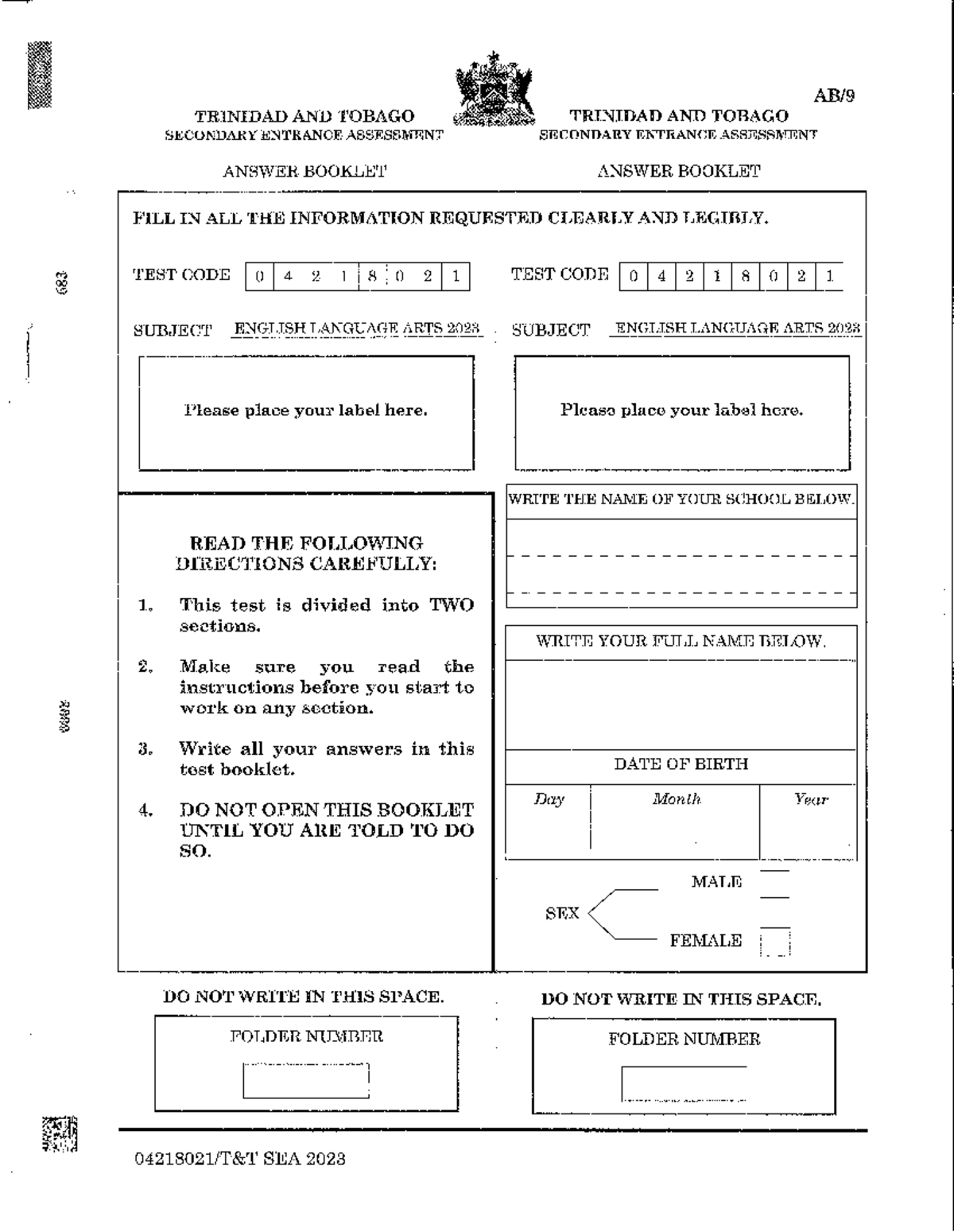 SEA-2023-ELA - Secondary Entrance Assessment Answer Booklet - Studocu