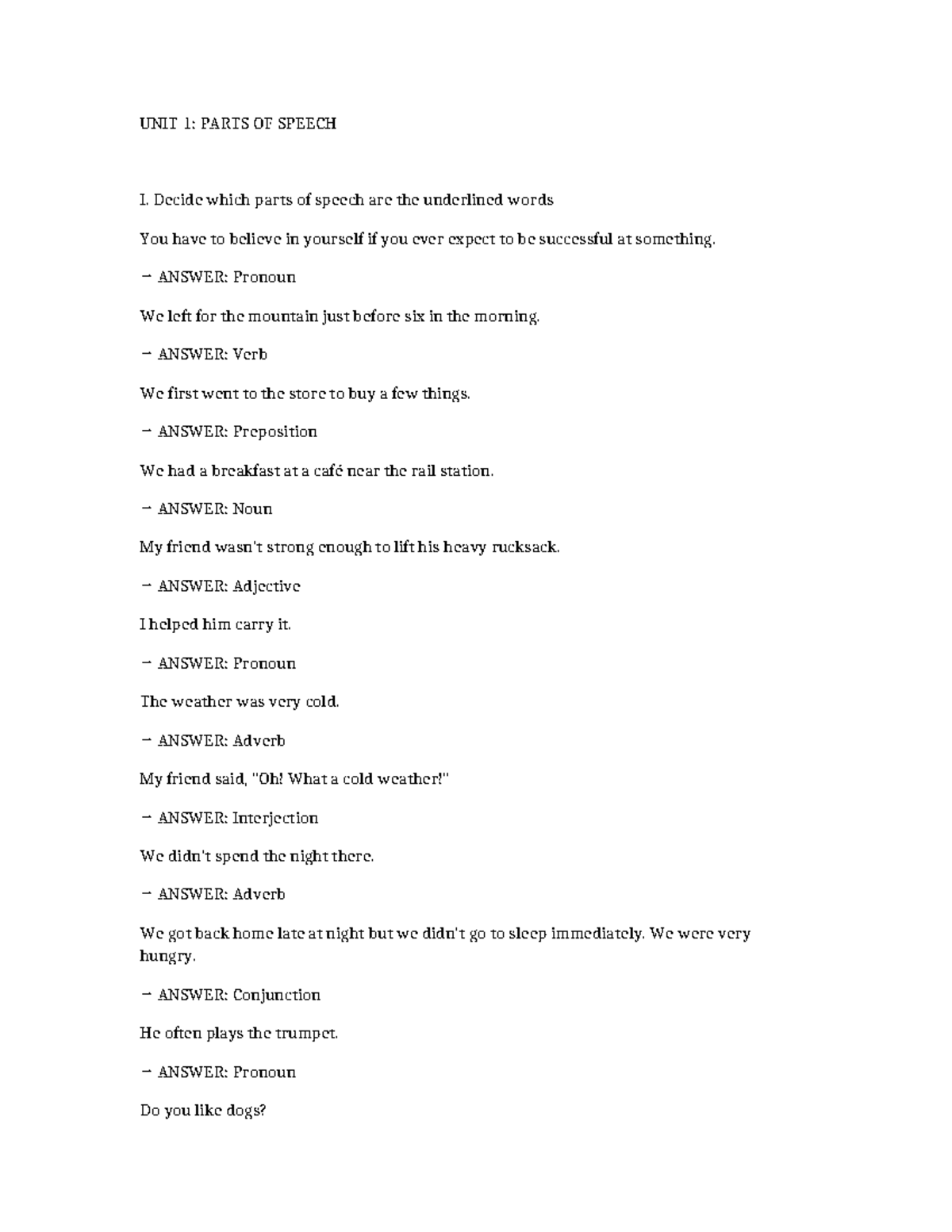 Exercises UNIT 1: Parts of Speech with Answers - Studocu