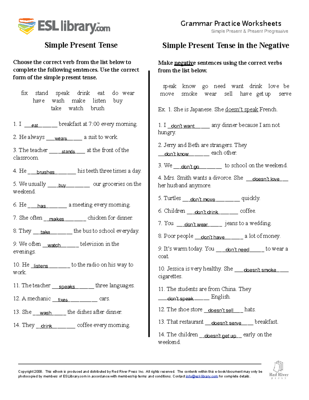 Grammar Practice Worksheets - Simple Present Tense Exercises - Studocu
