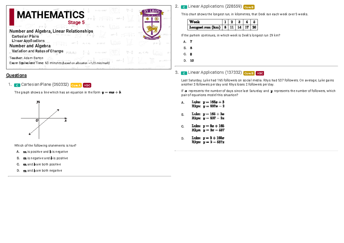Linear Relationships Revision (228559) - Mathematics C Core B - Studocu