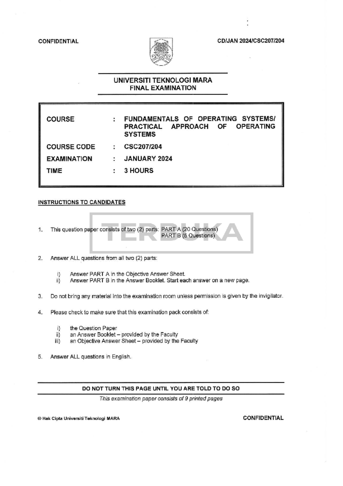 CSC207 Final Exam: Fundamentals of Operating Systems - Jan 2024 - Studocu