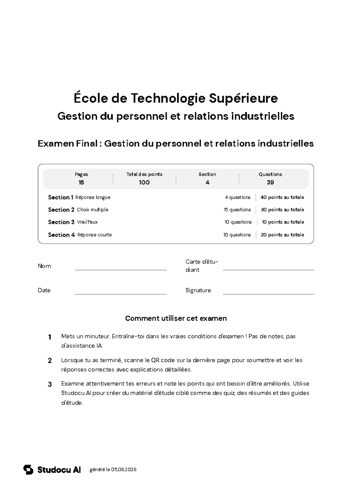 Examen Final : Gestion du personnel et relations industrielles - Studocu