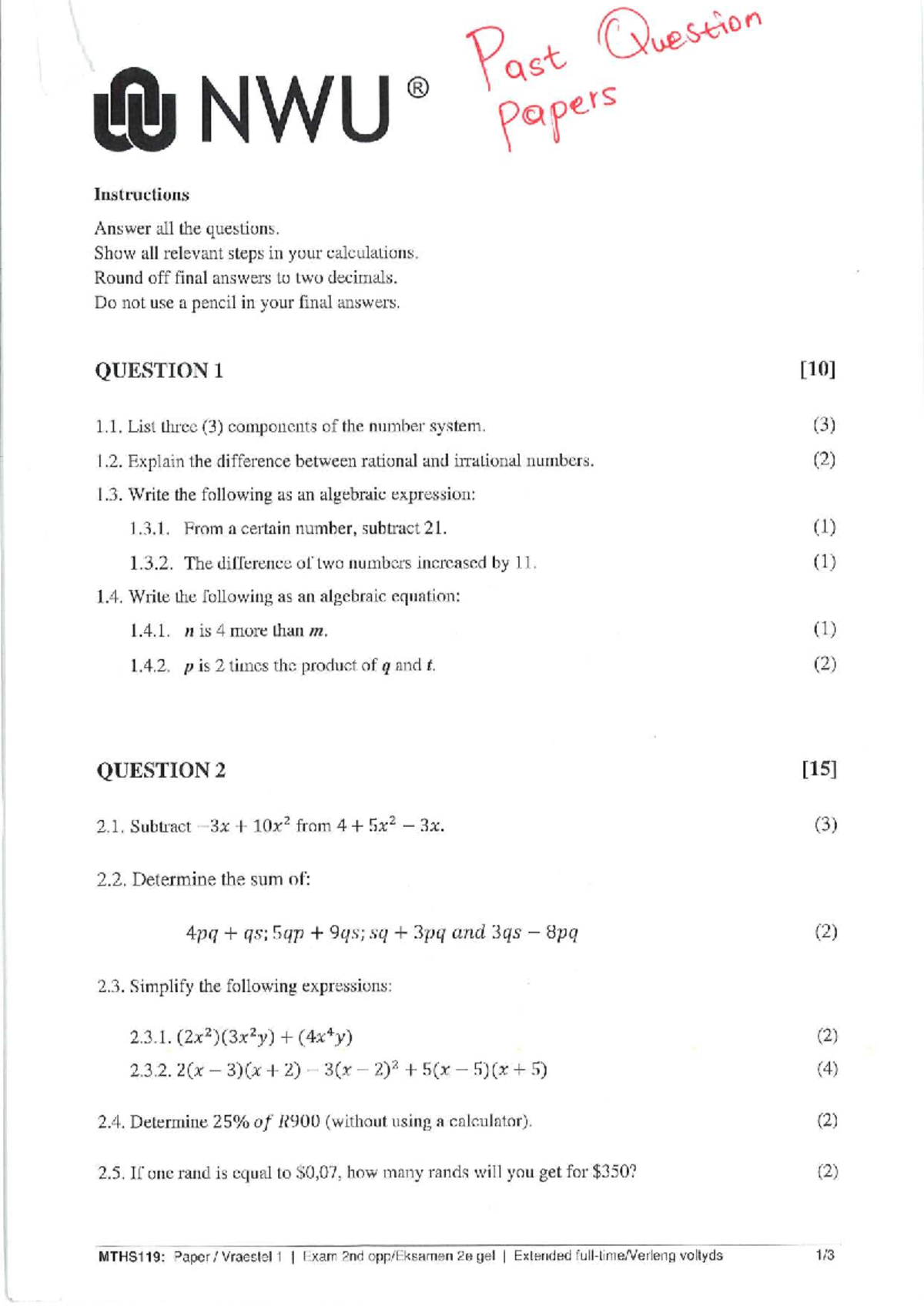 MTHS119: Past Exam Papers and Solutions for Review - Studocu