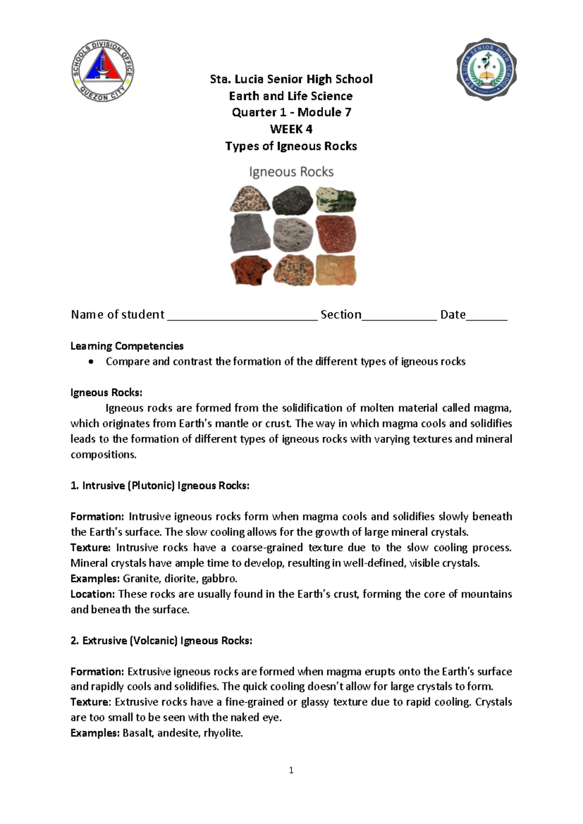 Earth and Life Science Q1 Module 9: Formation of Stratified Rocks - Studocu