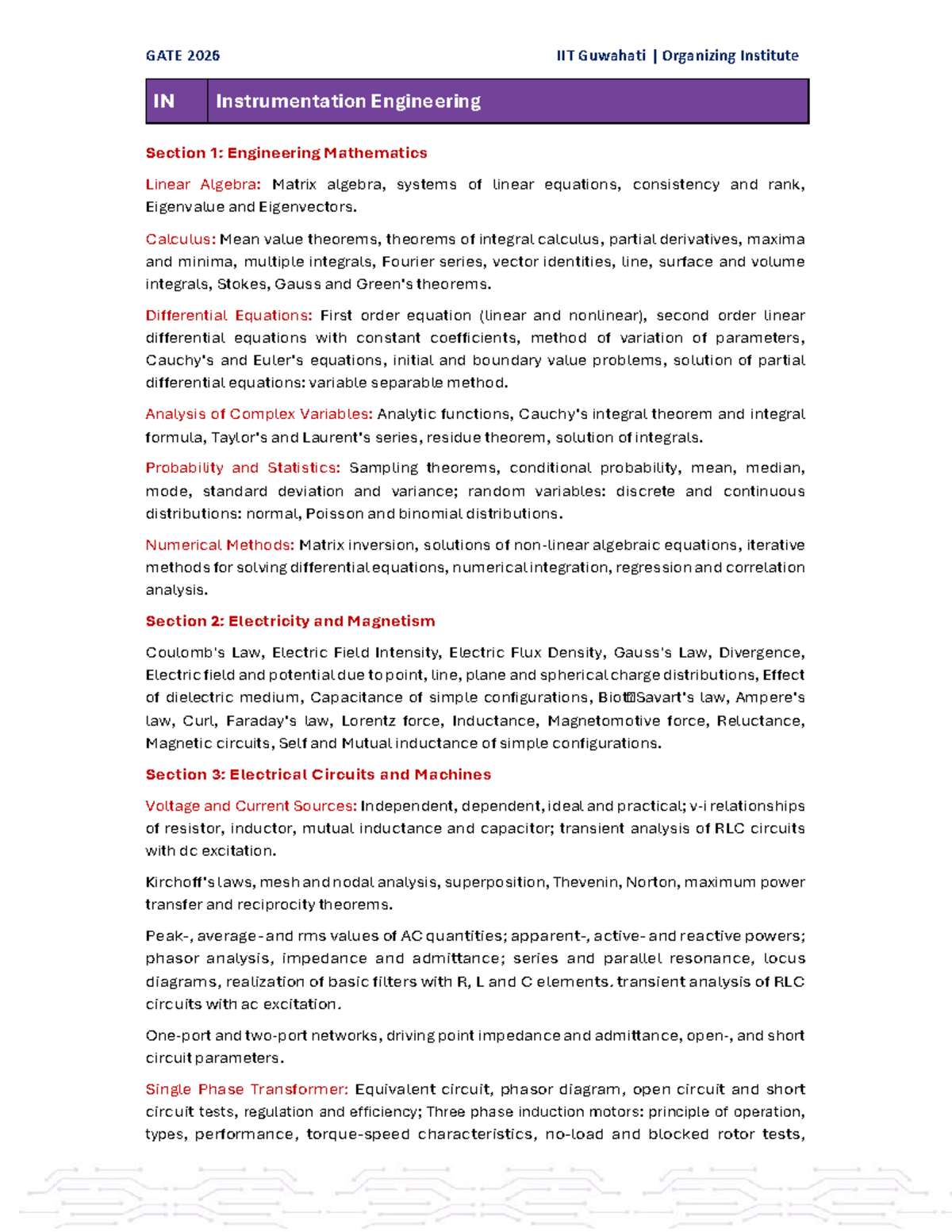 GATE 2026 IN IIT Guwahati: Instrumentation Engineering Syllabus ...