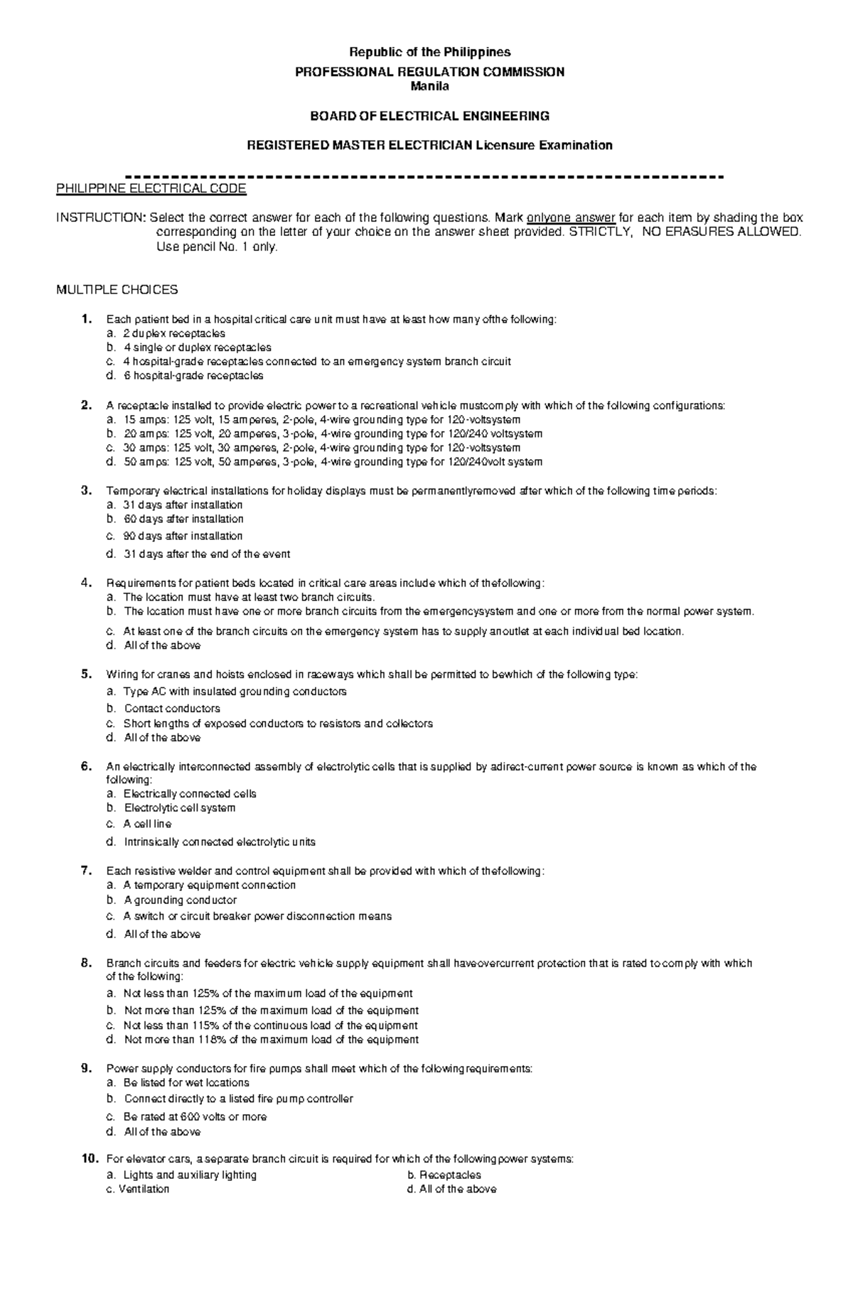 PEC-Mock-1: Reviewer for Registered Master Electrician Exam - Studocu