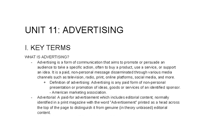 TACN1 Business ENG Unit 11: Key Terms in Advertising - Studocu