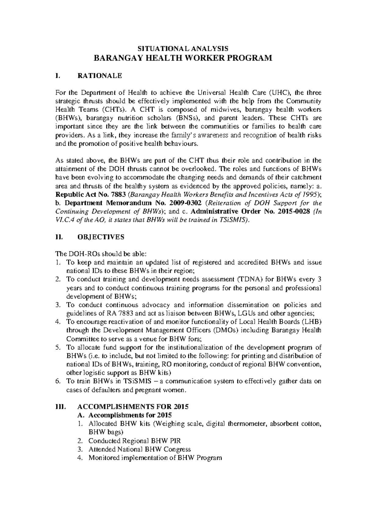 BHW-2023 Situational Analysis: Evaluating the Health Worker Program ...