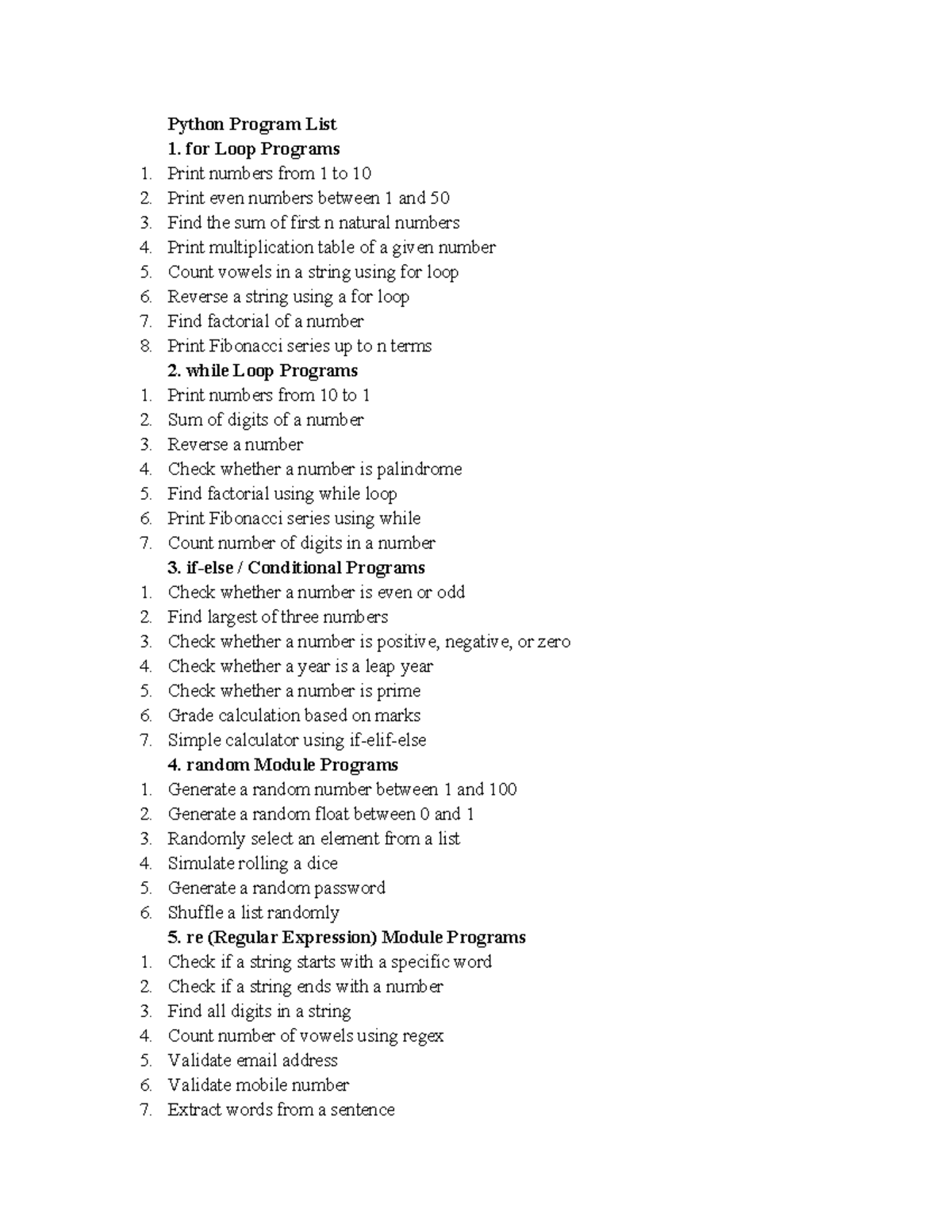 Python Program List - Practical Questions for Loop Control Statements ...