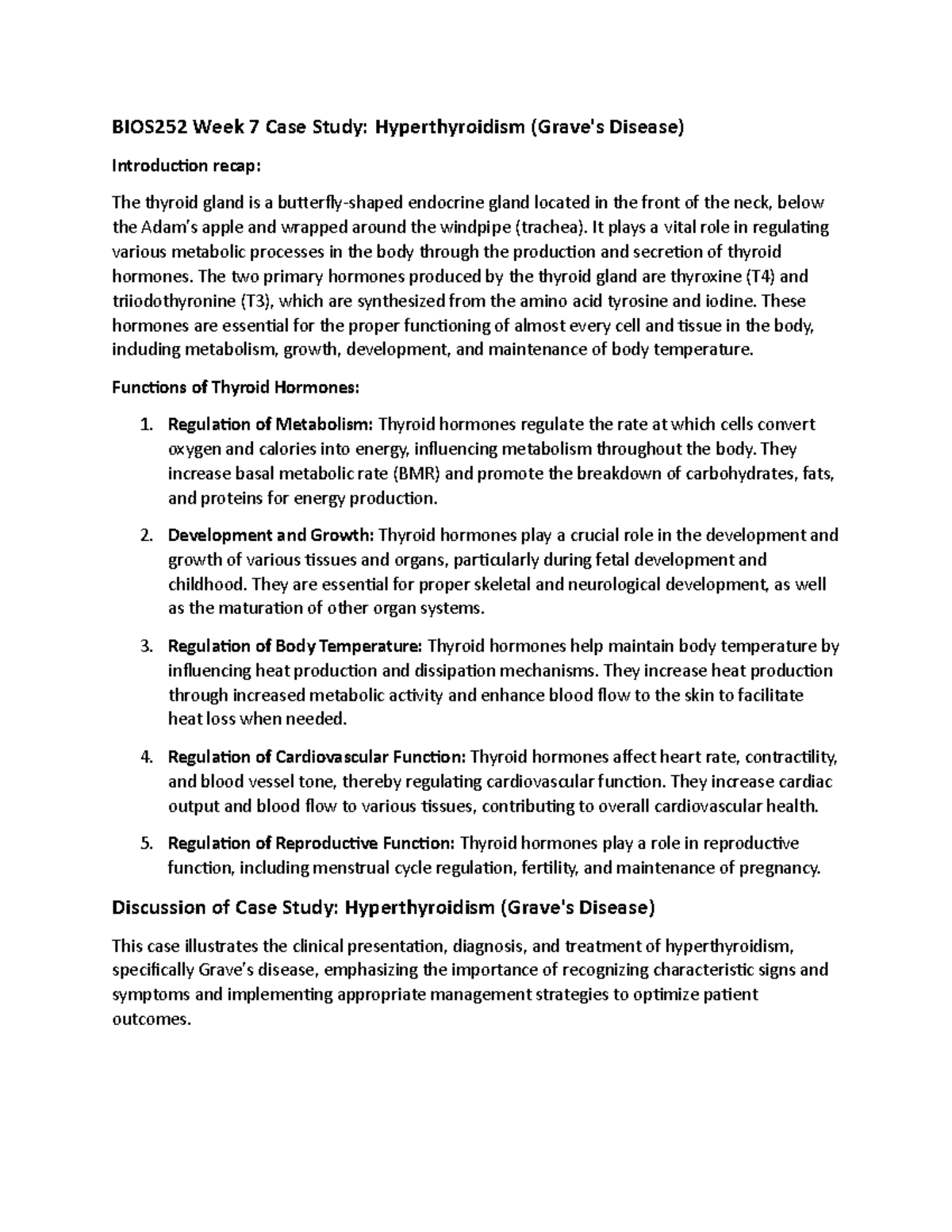 BIOS252 Week 7 Case Study: Understanding Hyperthyroidism (Grave's ...