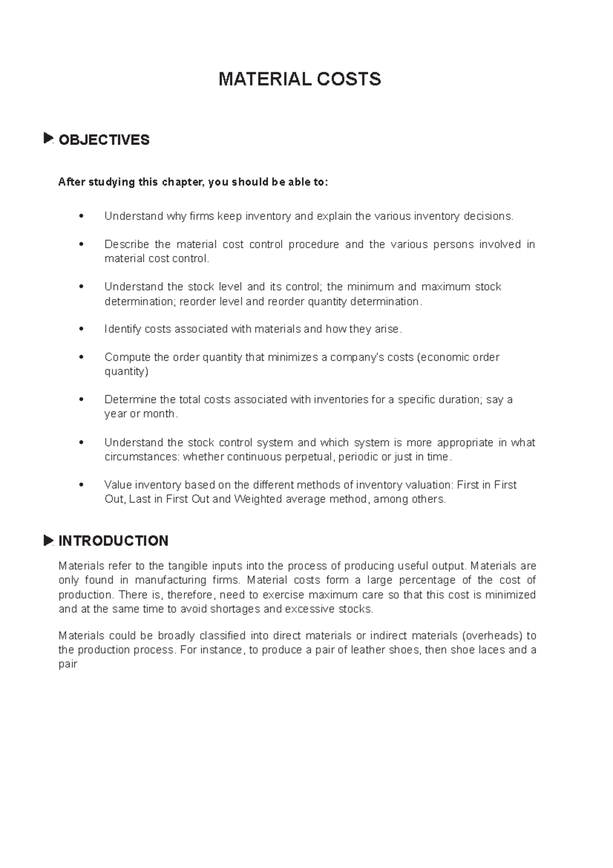 Material Cost Control - Cost Accounting Notes (COST 101) - Studocu