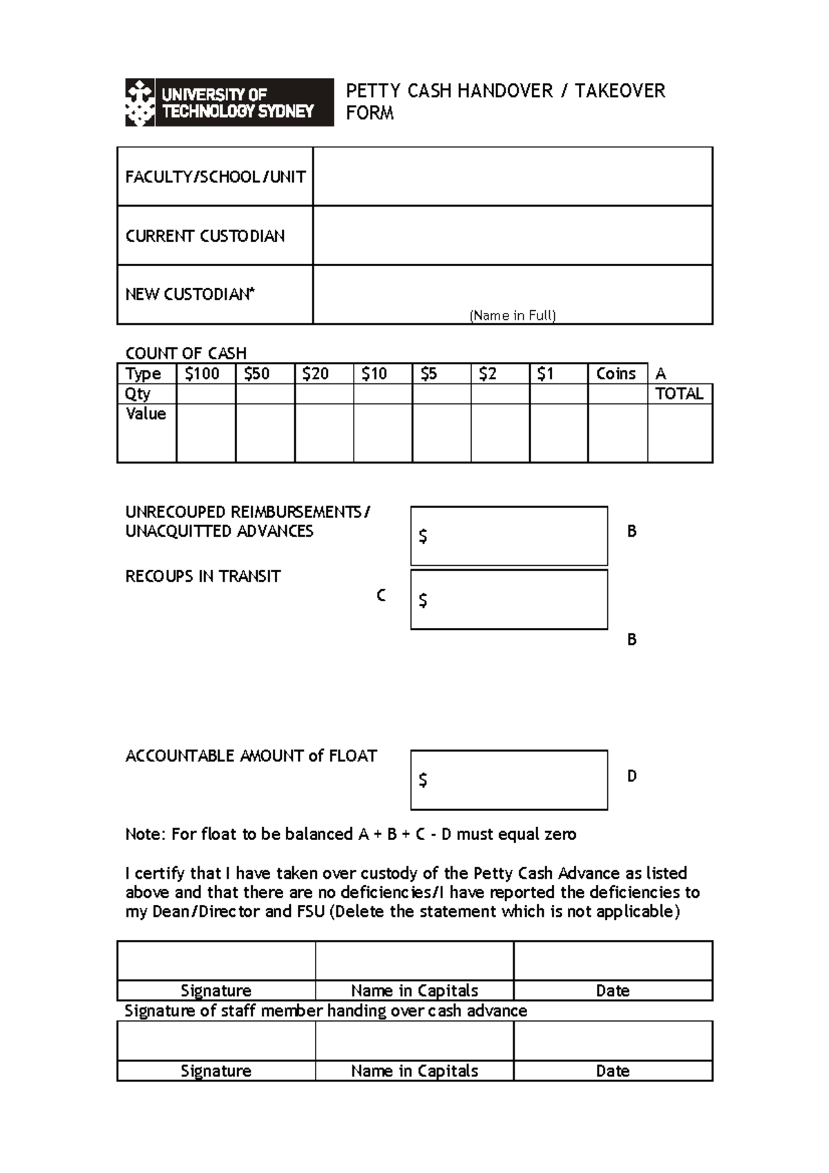 Petty Cash Handover/Takeover Form for Custodian Transfer - Studocu