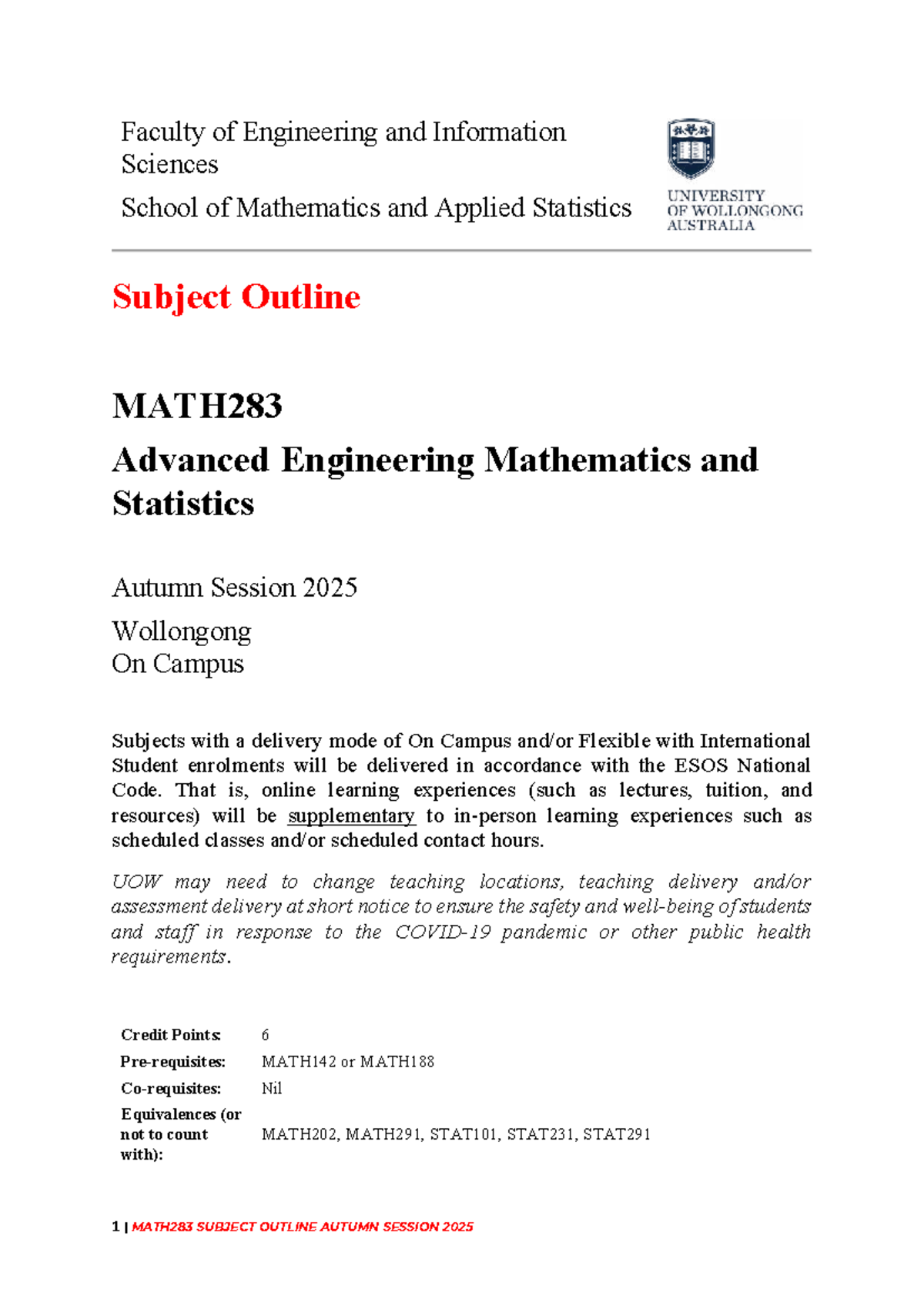 MATH283 Advanced Engineering Mathematics & Statistics Subject Outline ...
