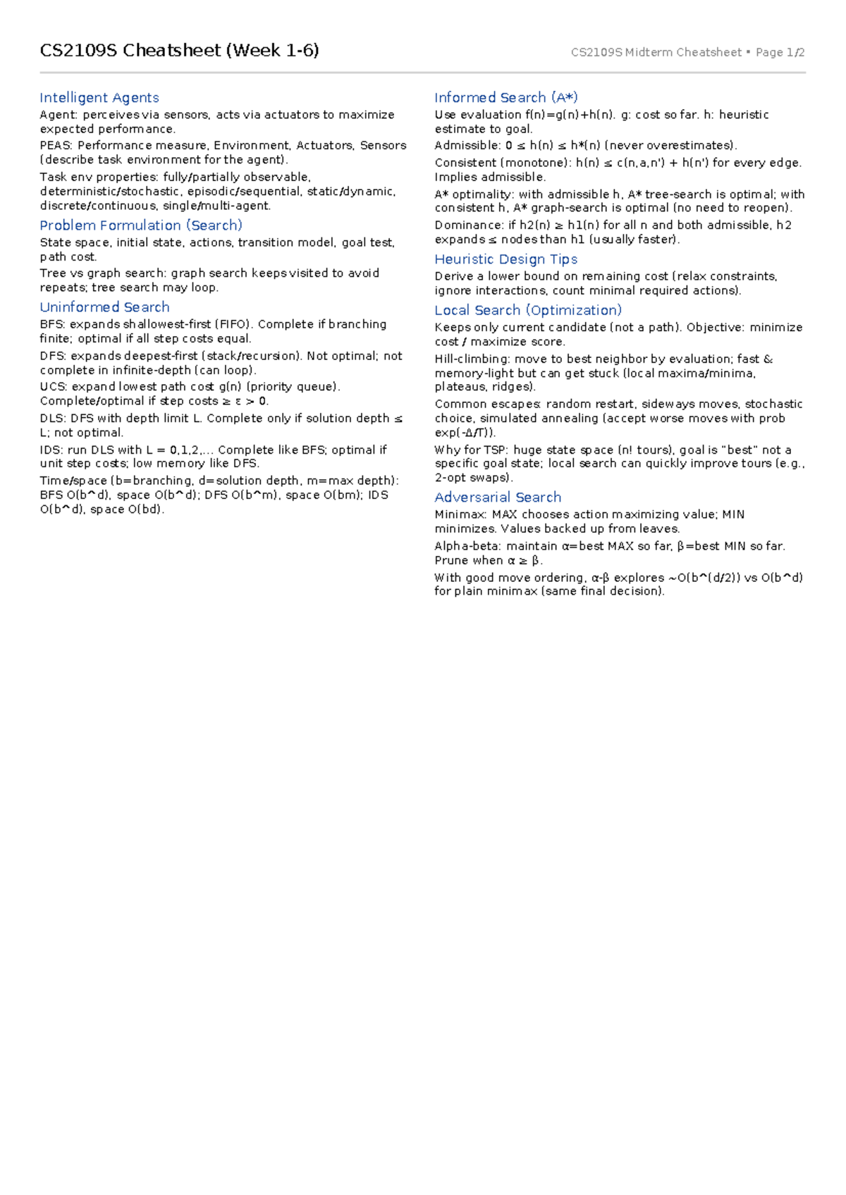 CS2109S Midterm Cheatsheet: Intelligent Agents & Search Strategies ...