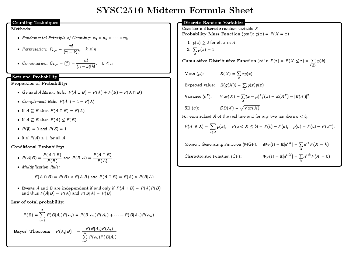 SYSC2510 Midterm Formula Sheet: Counting & Probability Techniques - Studocu