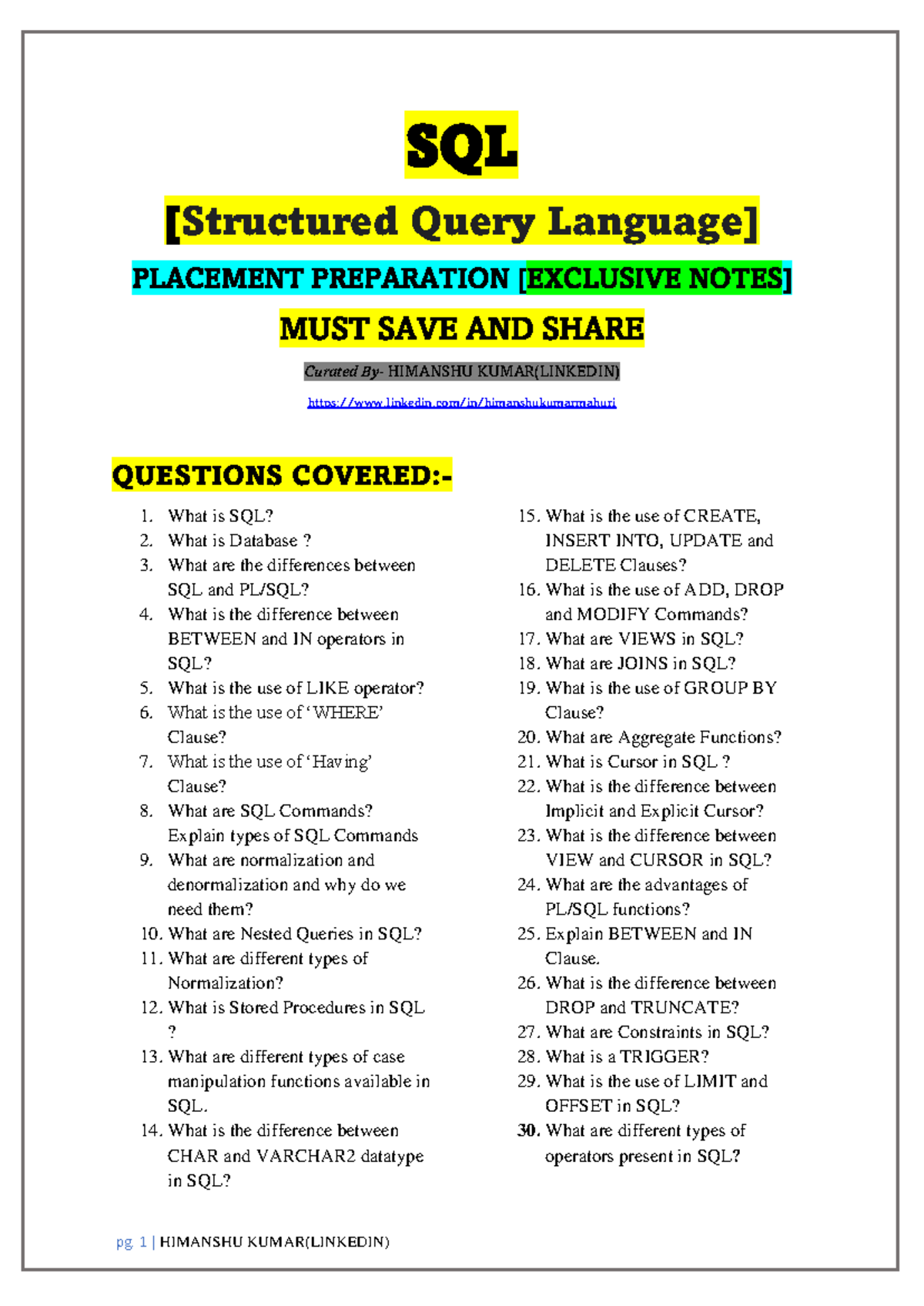 SQL-Exclusive Notes 👉Swipe - SQL [Structured Query Language] PLACEMENT ...