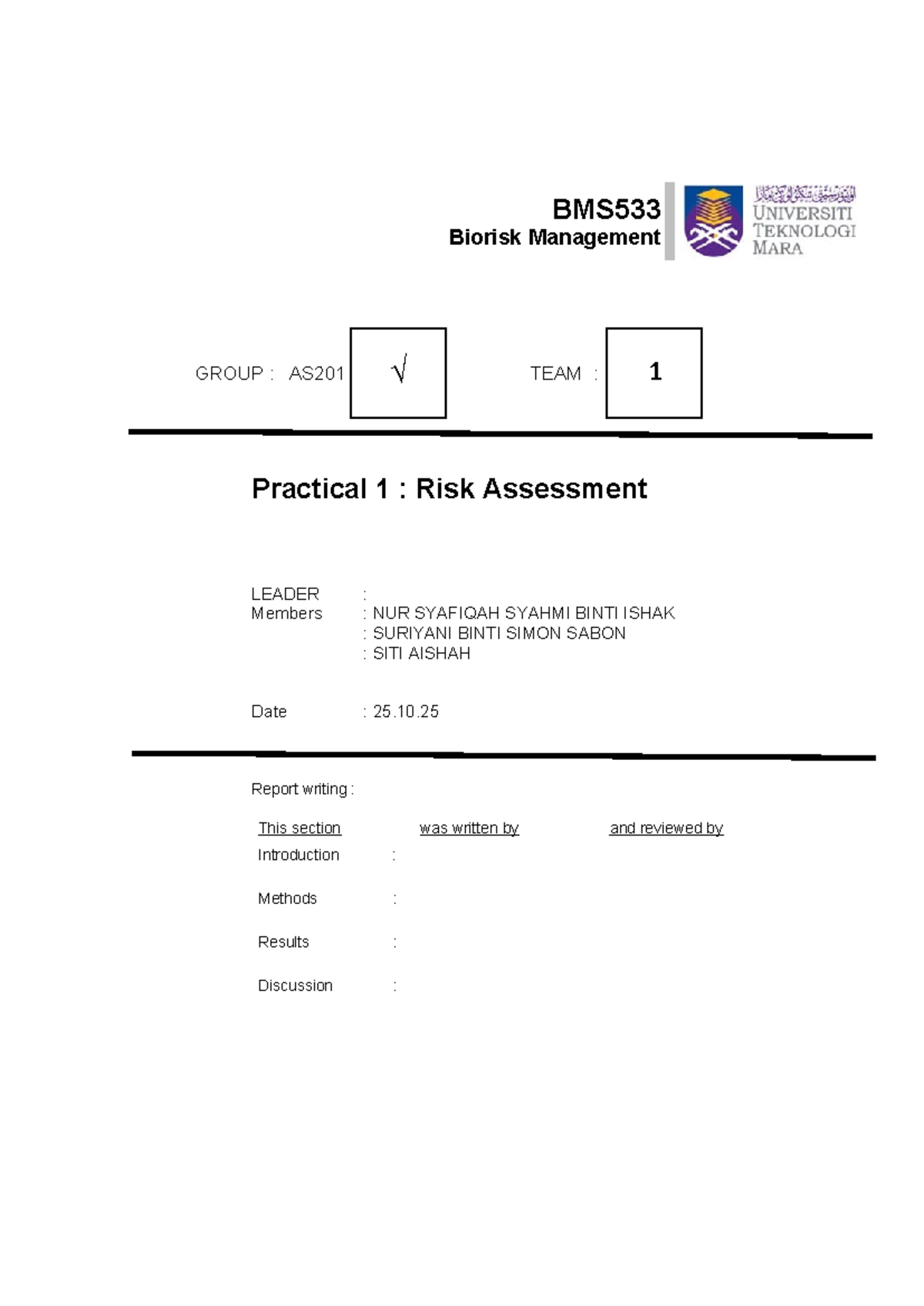 BMS533 Biorisk Management: Practical 1 Risk Assessment Report - Studocu