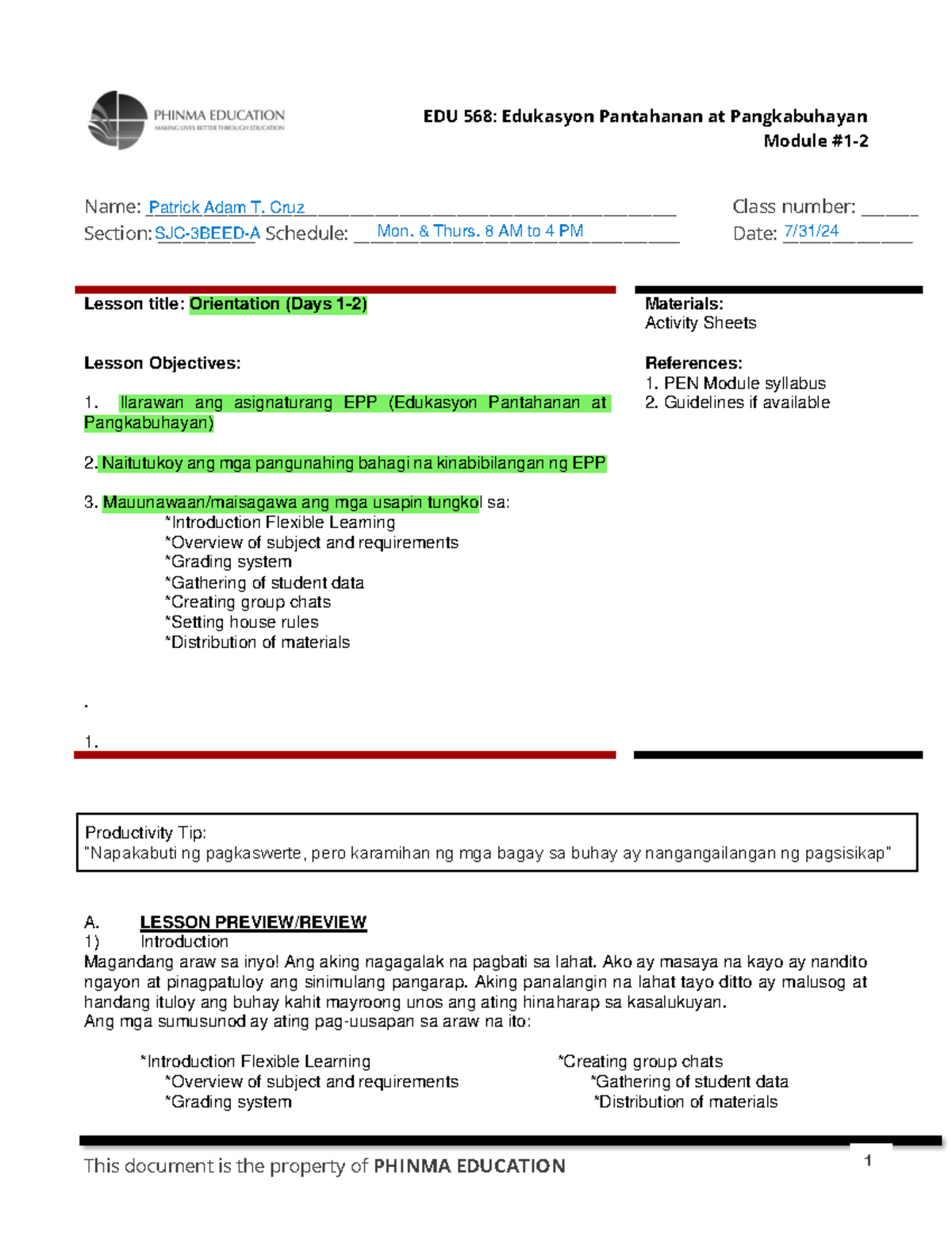 EDU 568 Module 1-2: Orientation Lesson for EPP Course - Studocu