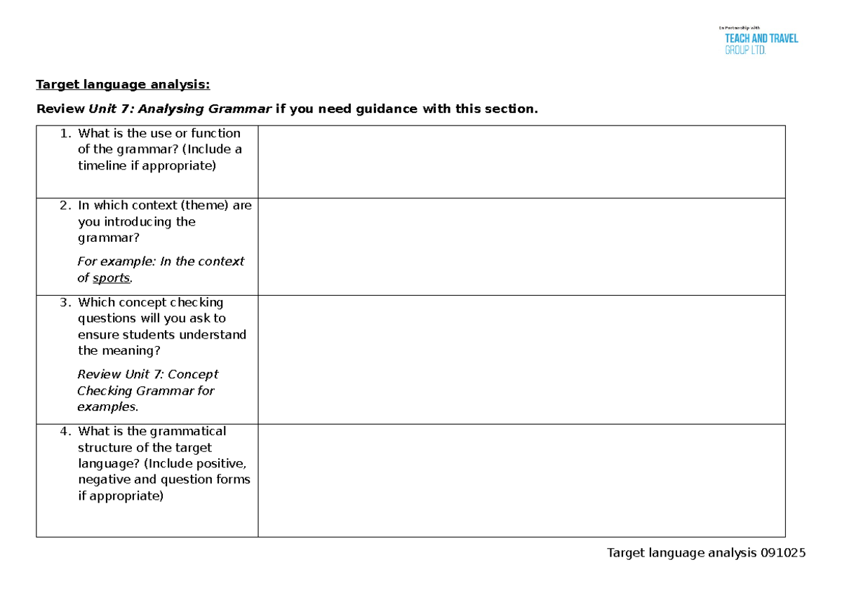 Target Language Analysis: Review Unit 7 Grammar Functions 091025 - Studocu