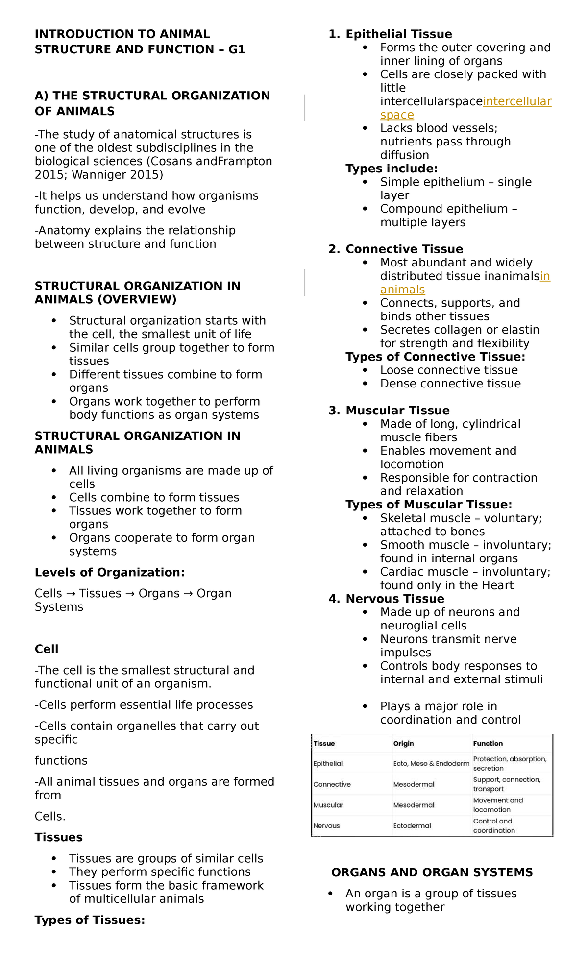 Anatomy G1: Structural Organization and Function of Animals - Studocu