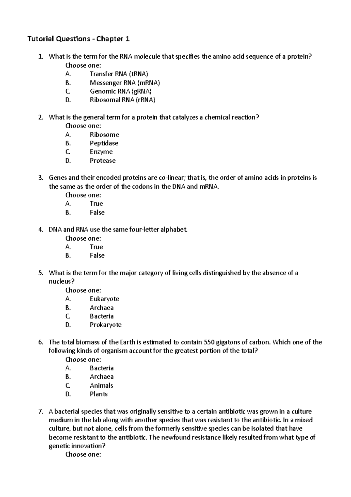 Tutorial Questions for Chapter 1 (BIO101) - 2025 - Studeersnel