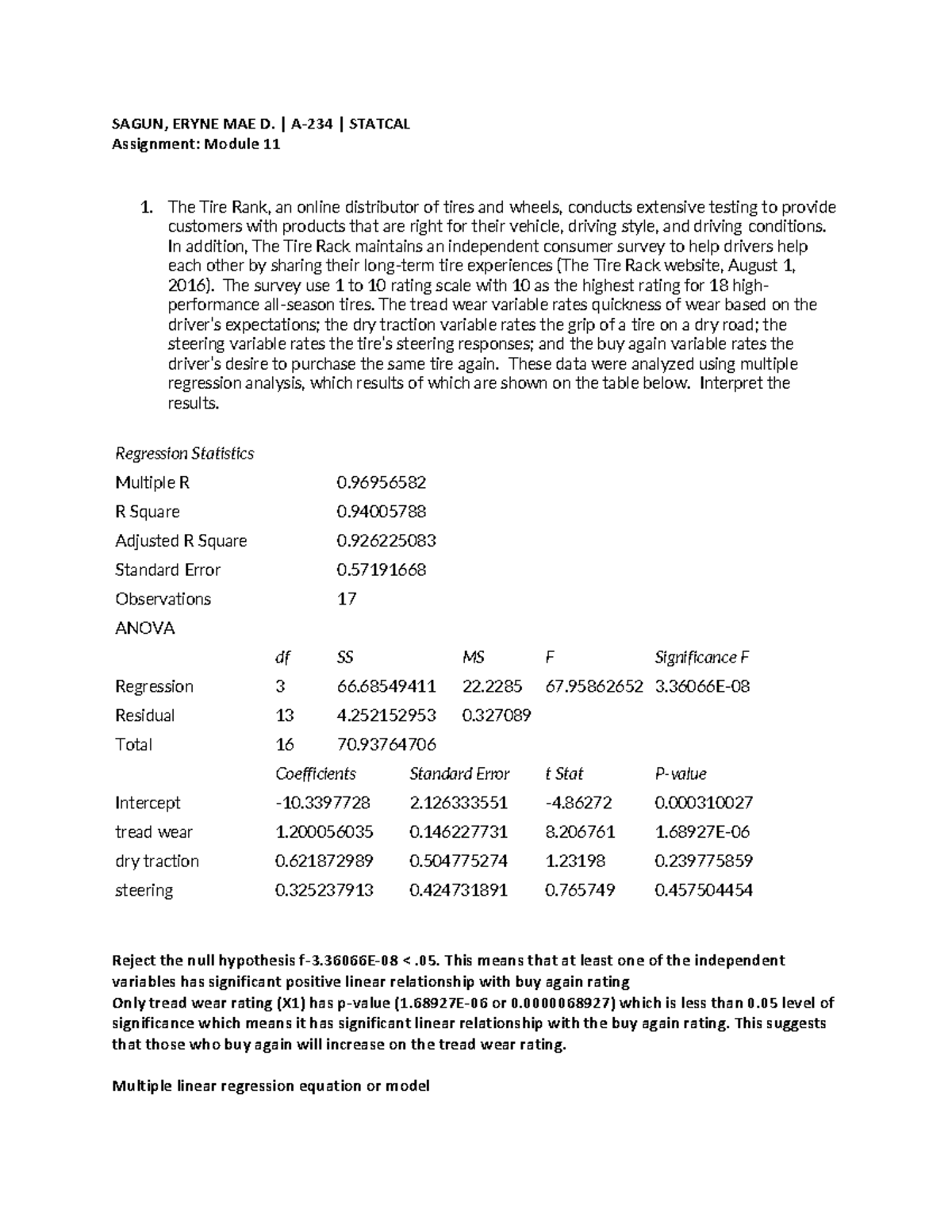 A234 STATCAL: Module 11 Regression Analysis of Tire Ratings - Studocu