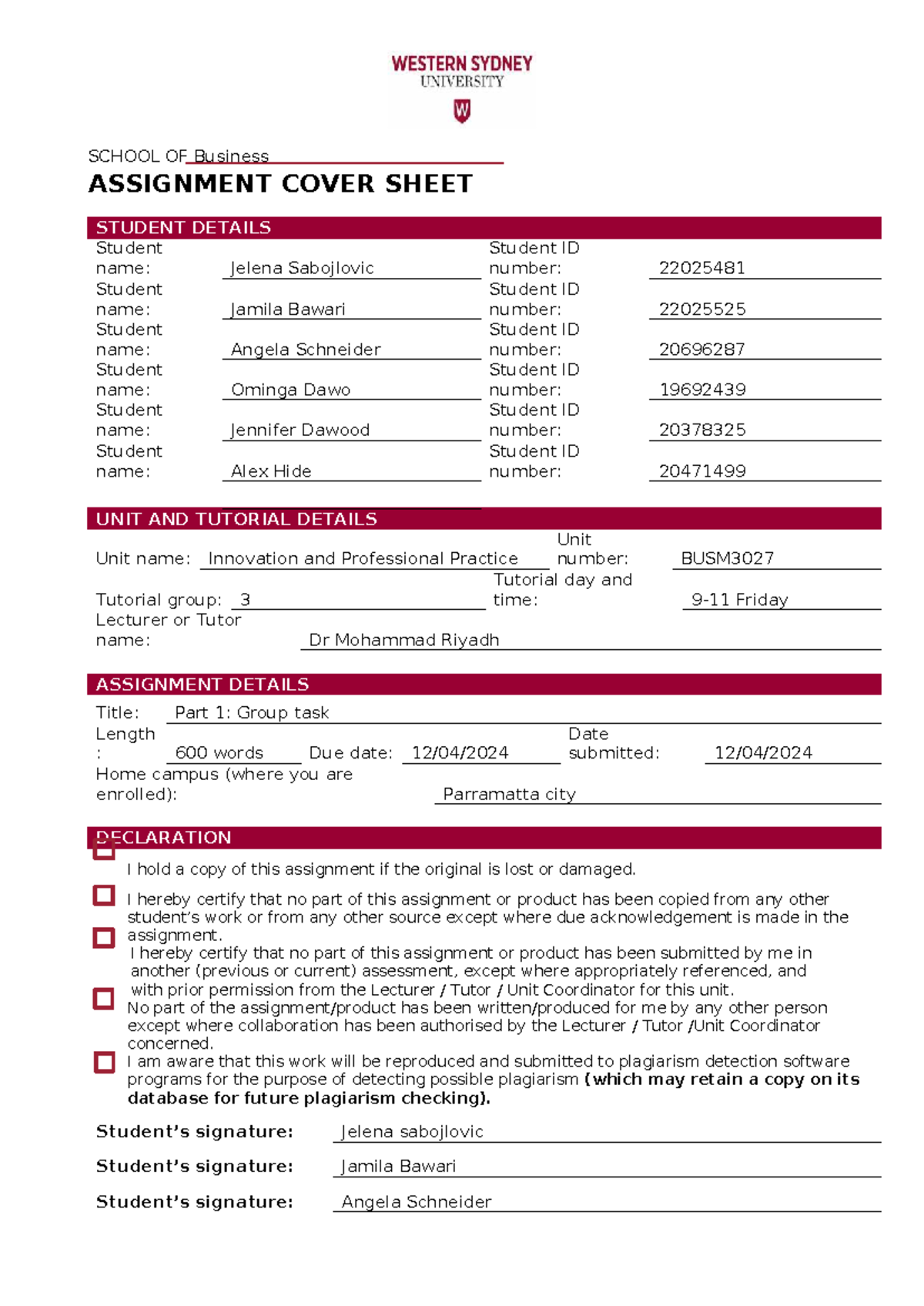 BUSM3027 IPP Part 1 Group Task Assignment Cover Sheet - Studocu