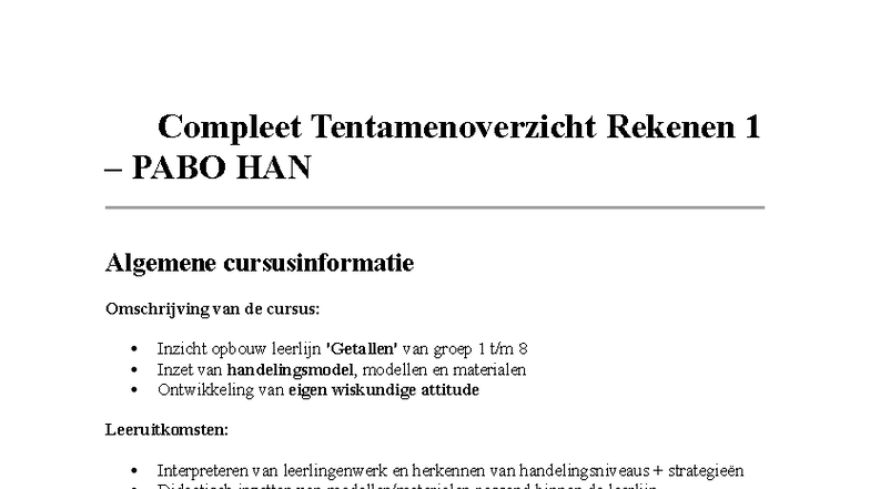 Samenvatting Tentamen Rekenen 1 PABO HAN: Leerlijn en Attitude ...