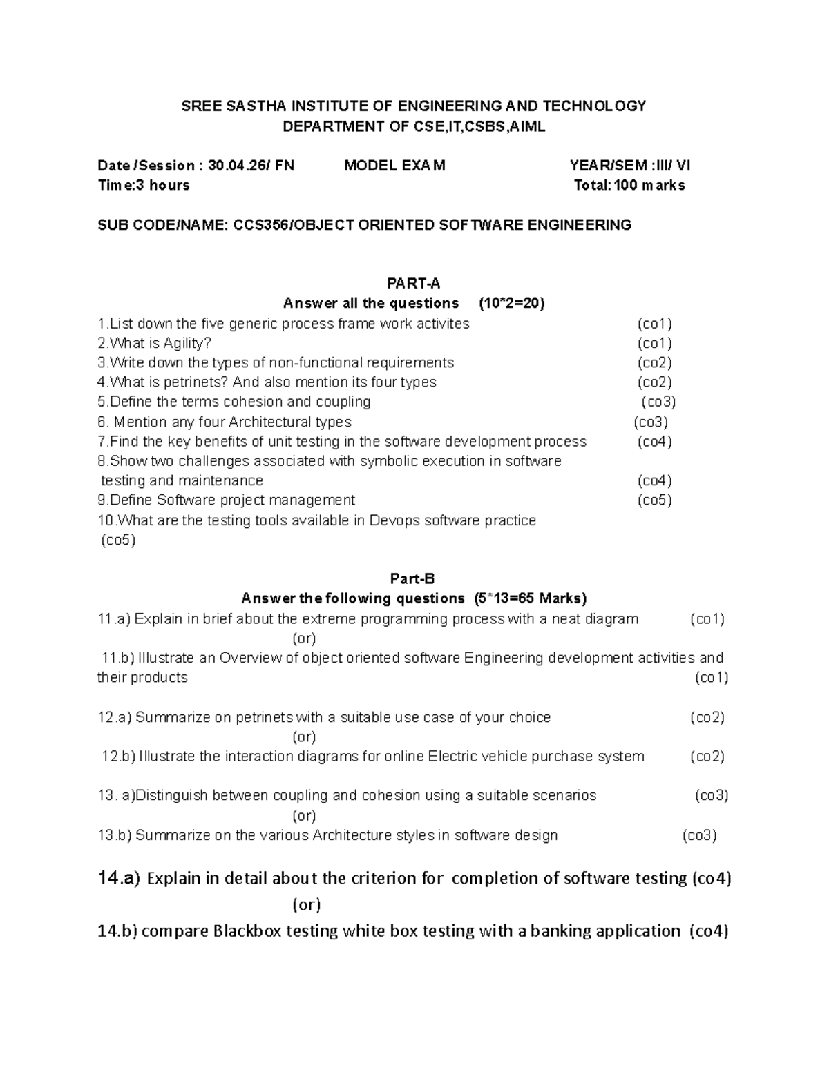 CCS356 OOSE A - Model Exam VI on Software Engineering Concepts - Studocu