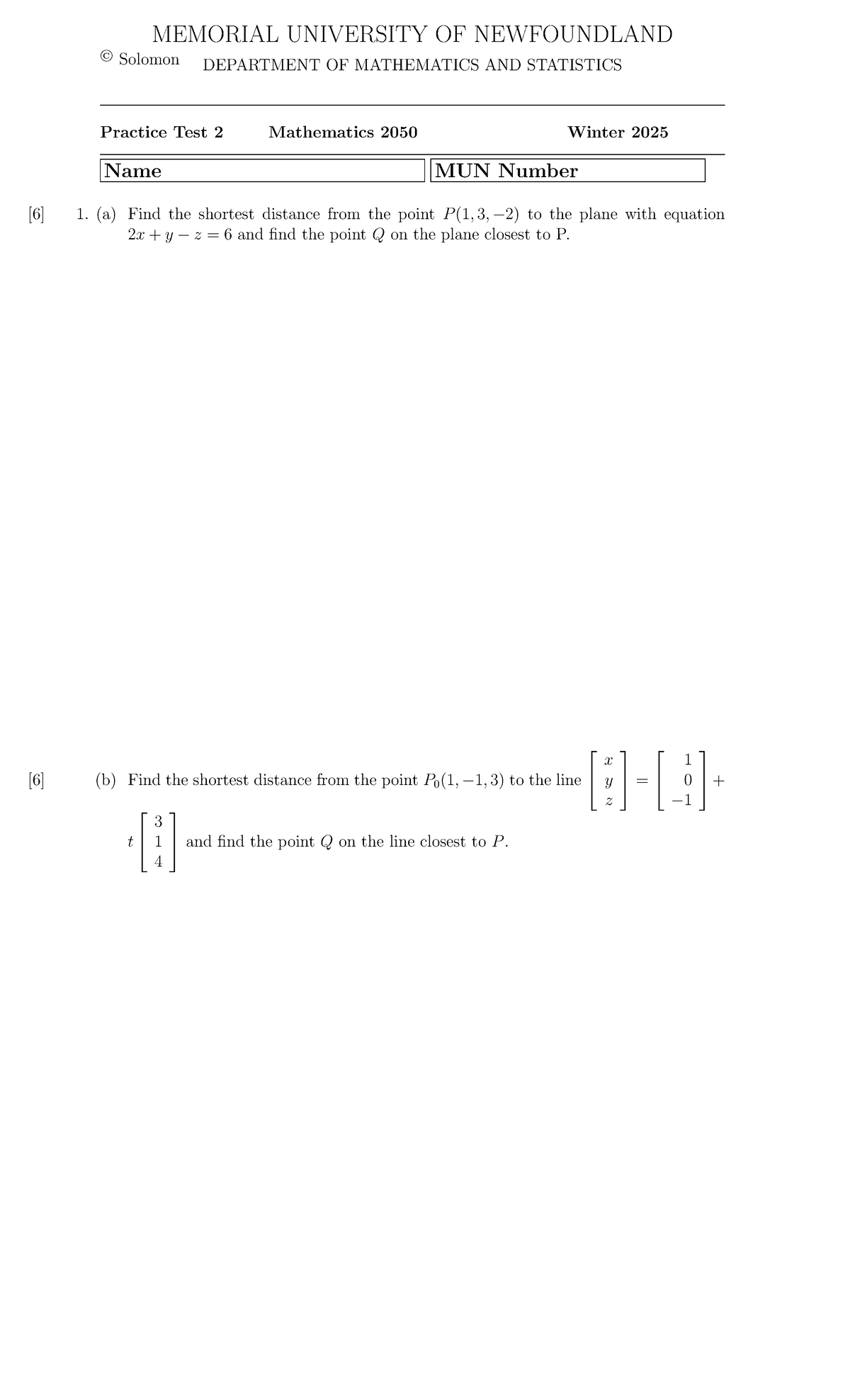 Practice_test 2025 - © Solomon MEMORIAL UNIVERSITY OF NEWFOUNDLAND ...