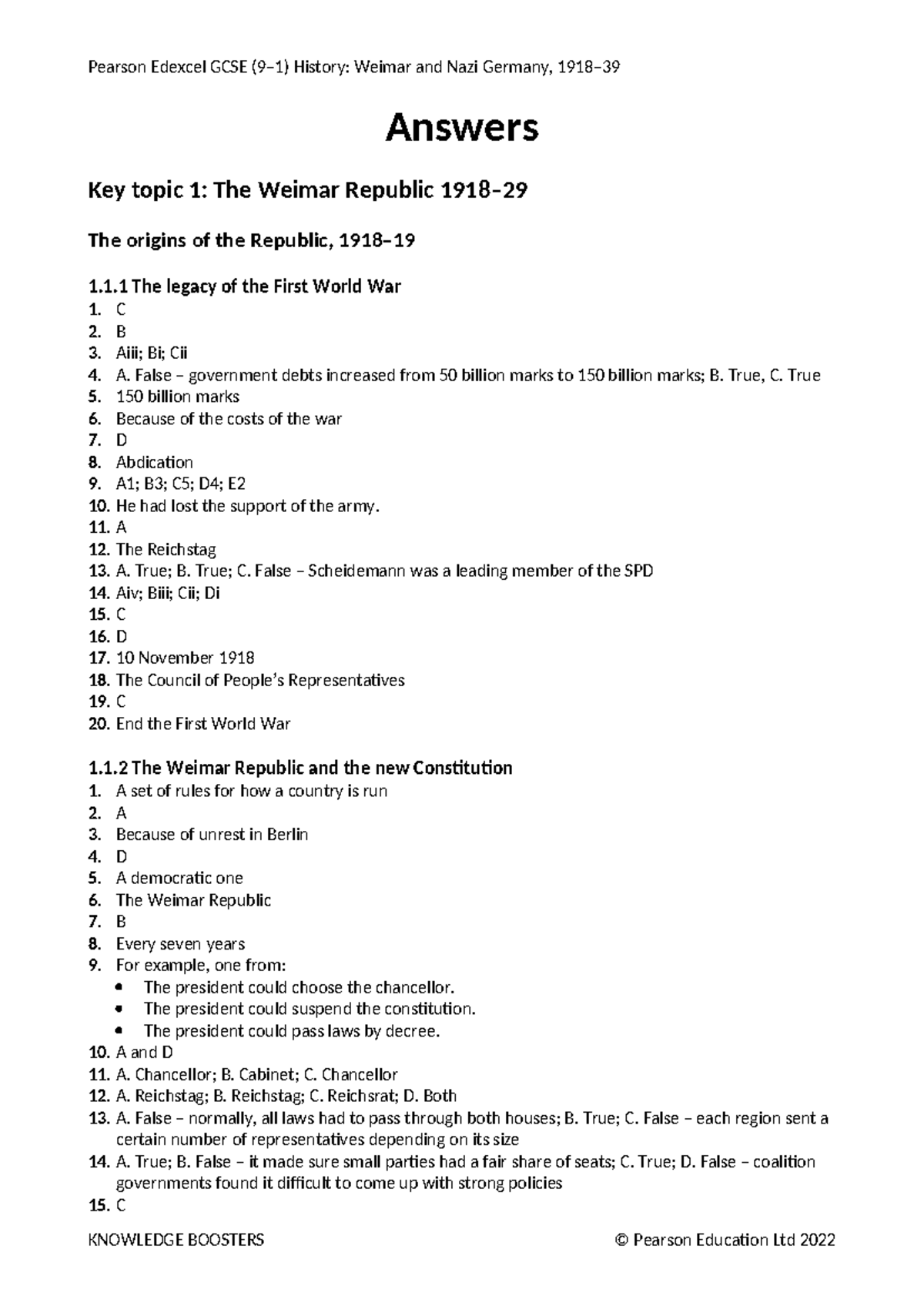 Pearson Edexcel GCSE History: Weimar and Nazi Germany, Answers Key ...