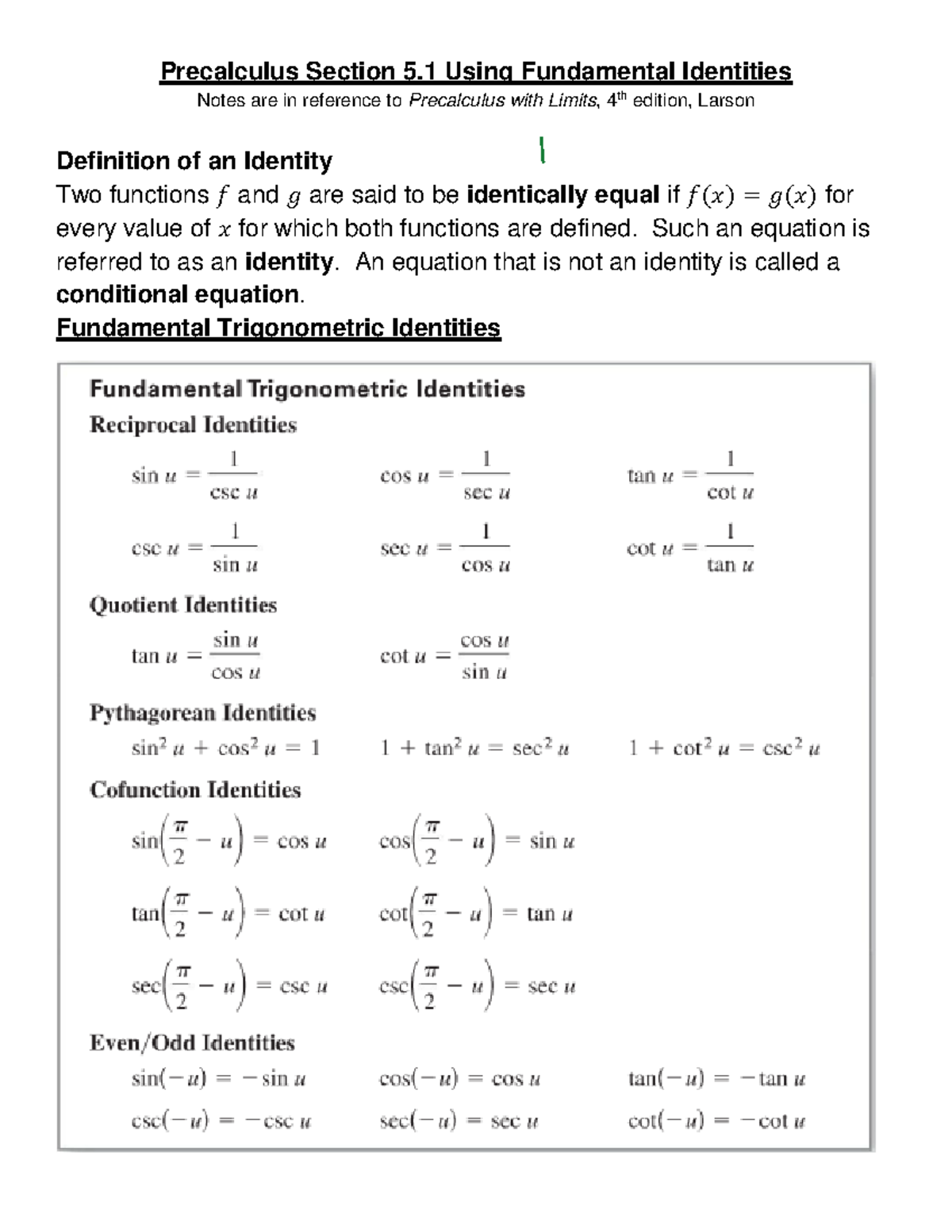 Precalculus Section 5.1 Using Fundamental Identities - Precalculus ...