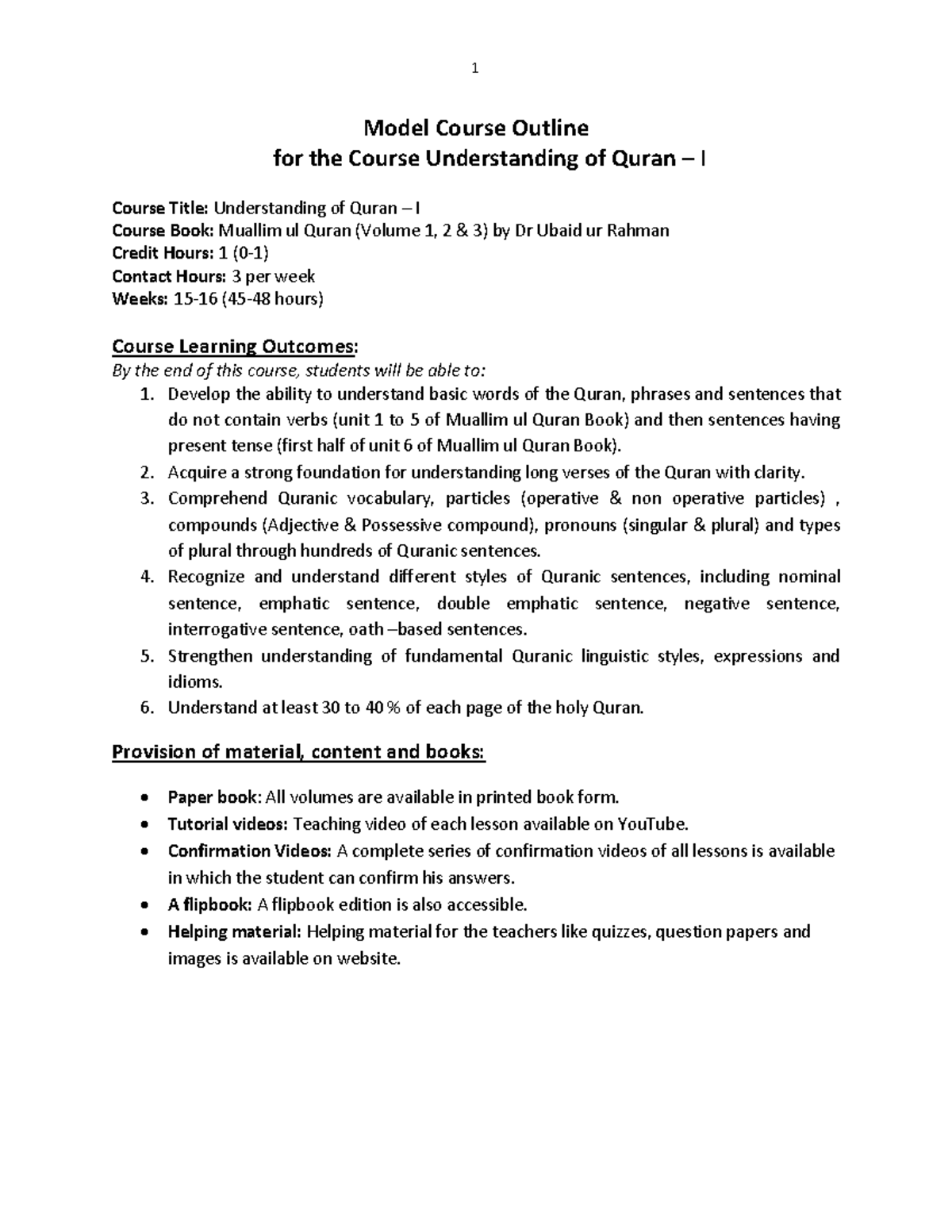Understanding of Quran I Course Outline (UQ-101) - Studocu