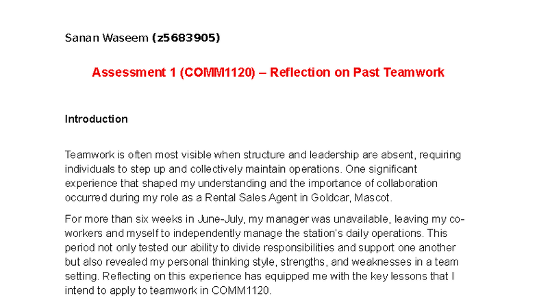 Reflection on Teamwork Experience in COMM1120 Assessment 1 - Studocu