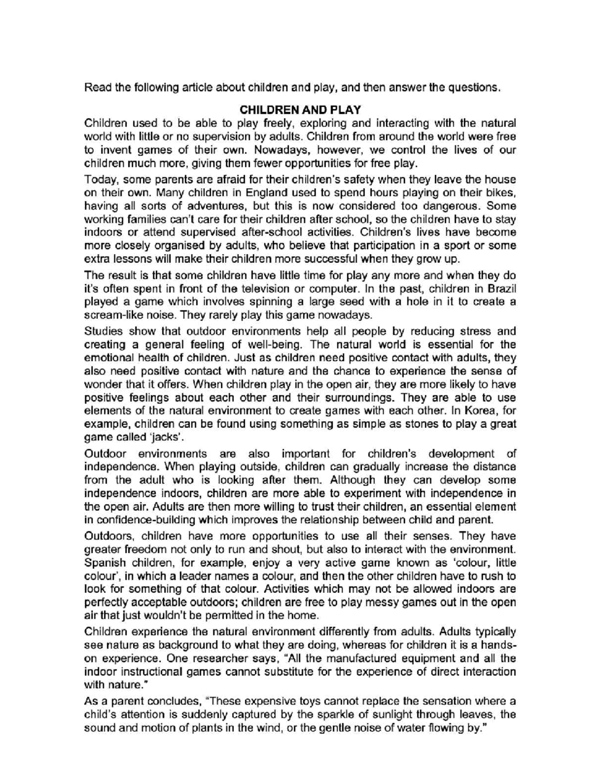 IGCSE English Practice Paper: Children, Play, and Nature Insights - Studocu