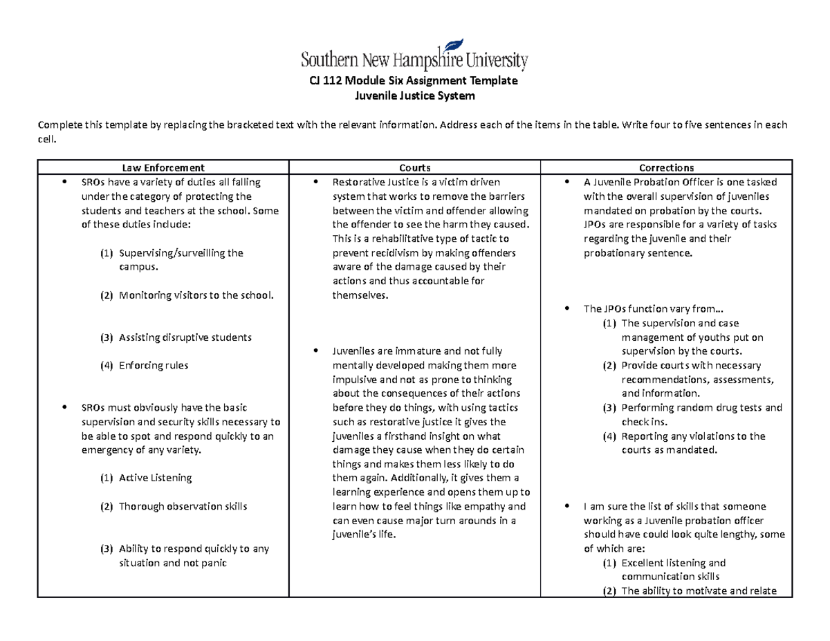 Module 6 assignment - CJ 112 Module Six Assignment Template Juvenile ...